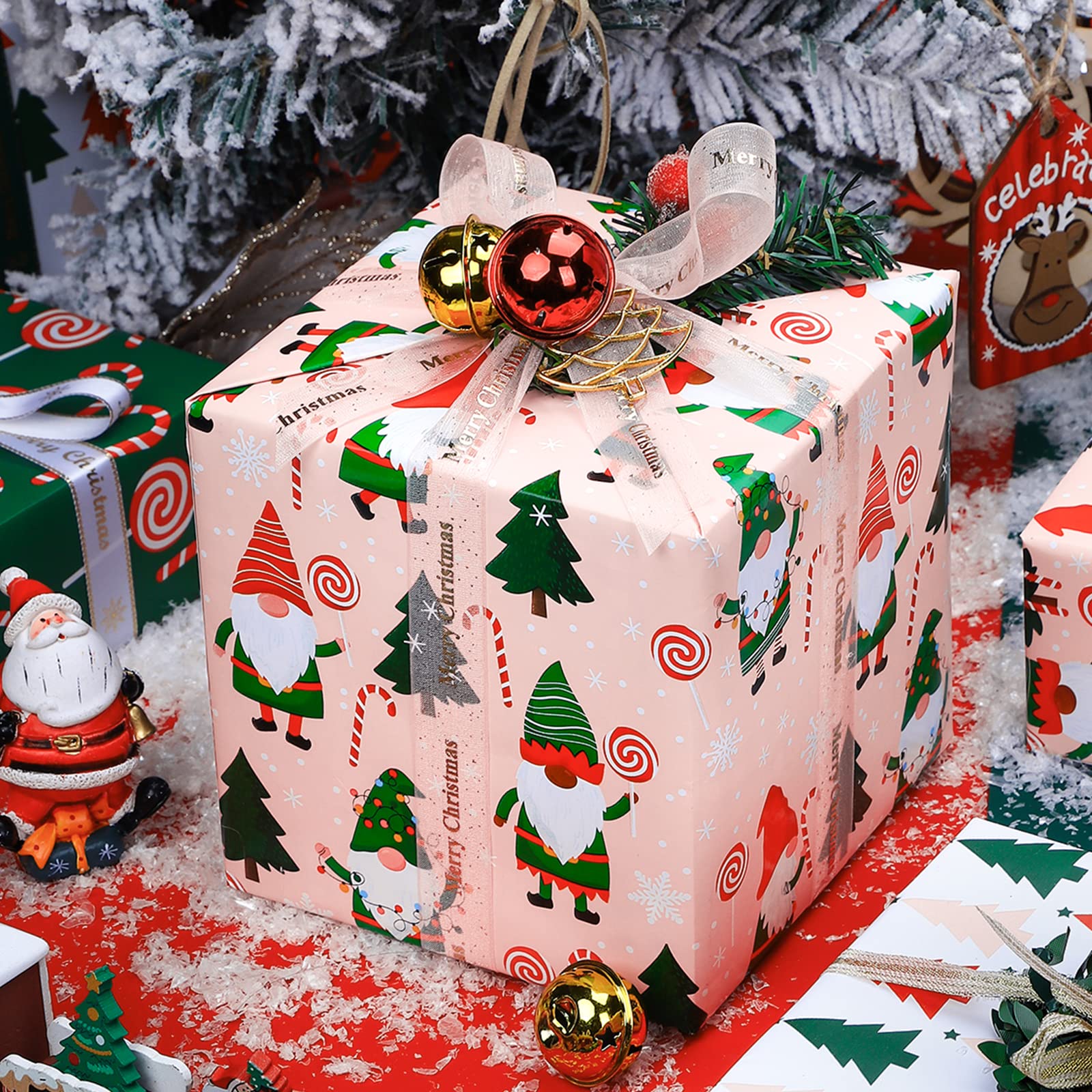 WRAPAHOLIC Reversible Christmas Wrapping Paper - Mini Roll - 17 Inch X 33 Feet - Red Green Gnome and Candy Canes, Pink and White Polka Dots Design for Holiday, Party, Celebration