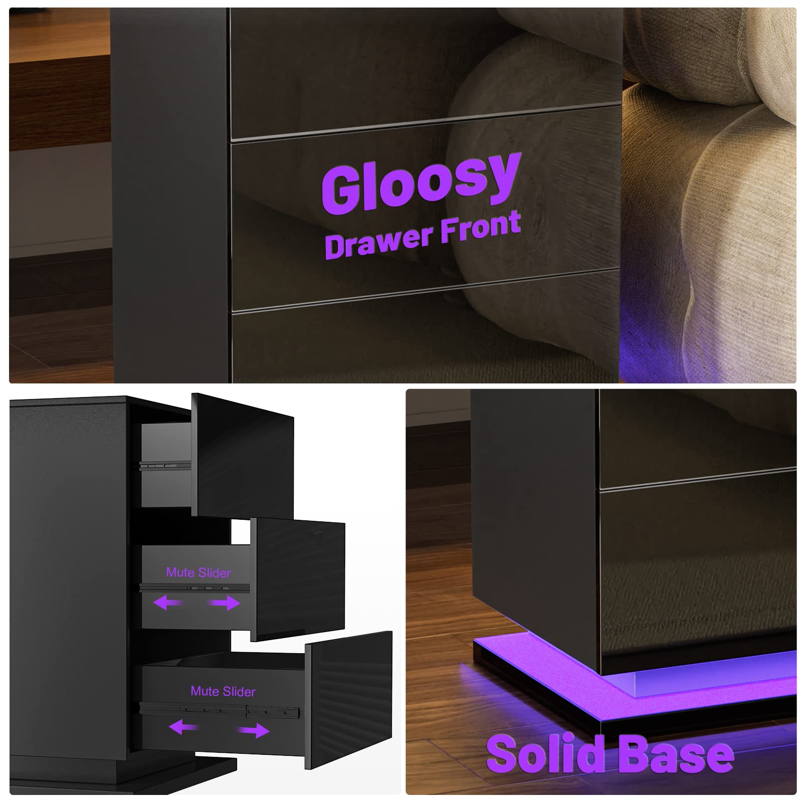 YILQQPER Nightstand Set of 2 with LED, End Tables with 3 Drawers and I Flapping Top Box, Night stand for Bedroom, Living Room, Modern Tall Bedside Table with High Gloss Panel (Gloosy White)