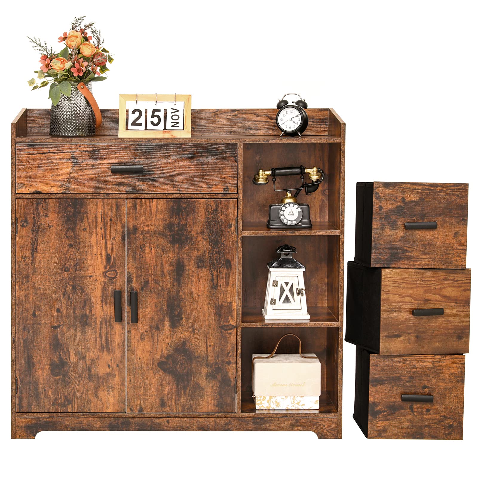 usikey Storage Cabinet with 2 Doors & 4 Drawers, Freestanding Cabinet with Adjustable Shelves, Wooden Sideboard, Accent Cabinet for Living Room, Hallway, Kitchen, Bedroom, Rustic Brown