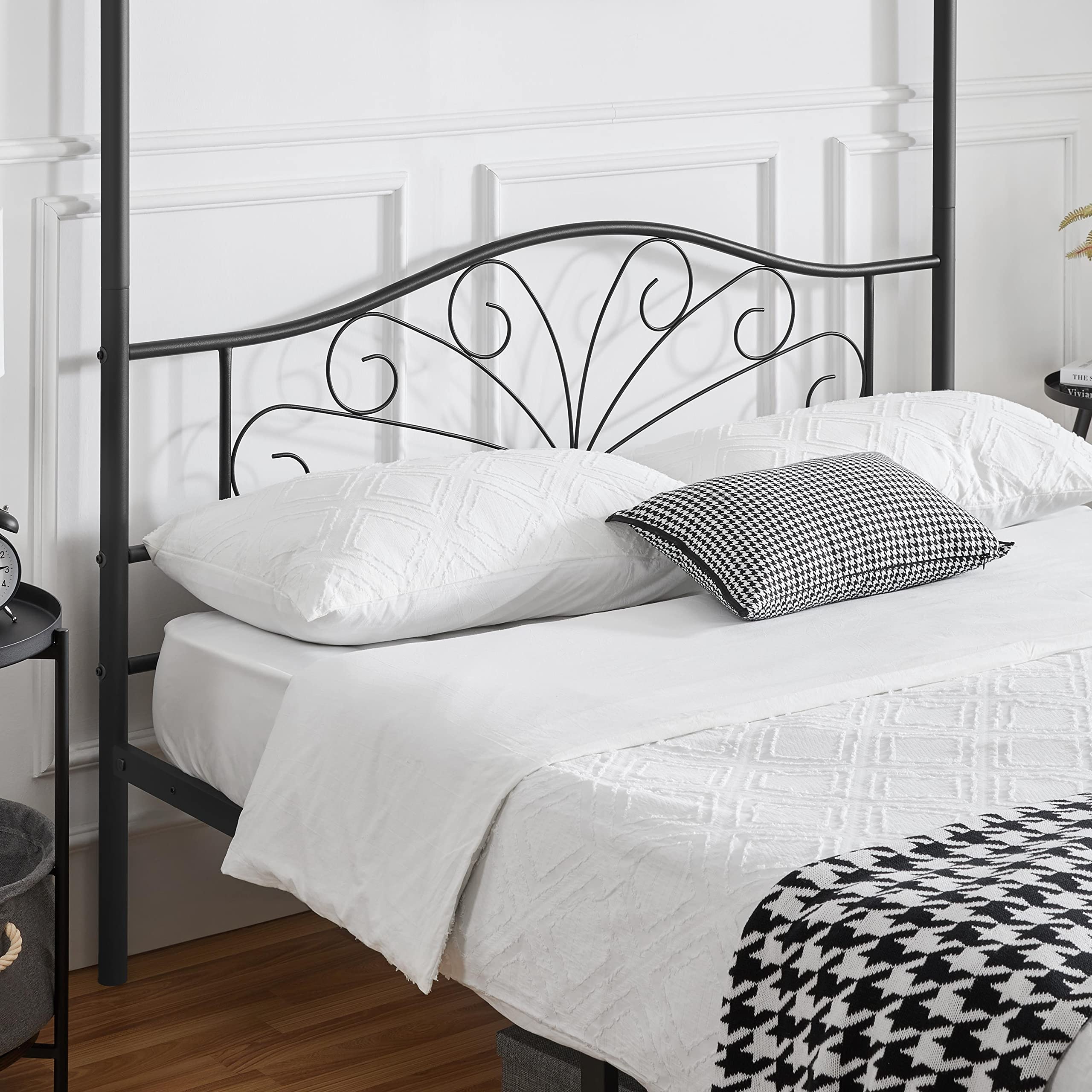 Yaheetech Queen Canopy Bed Frames Graceful Scroll Metal Canopy Bed/Four-Poster Canopied Platform Bed with Arched Headboard/Solid Slats/Underbed Storage Space/No Box Sring Needed/Ball Finals, White