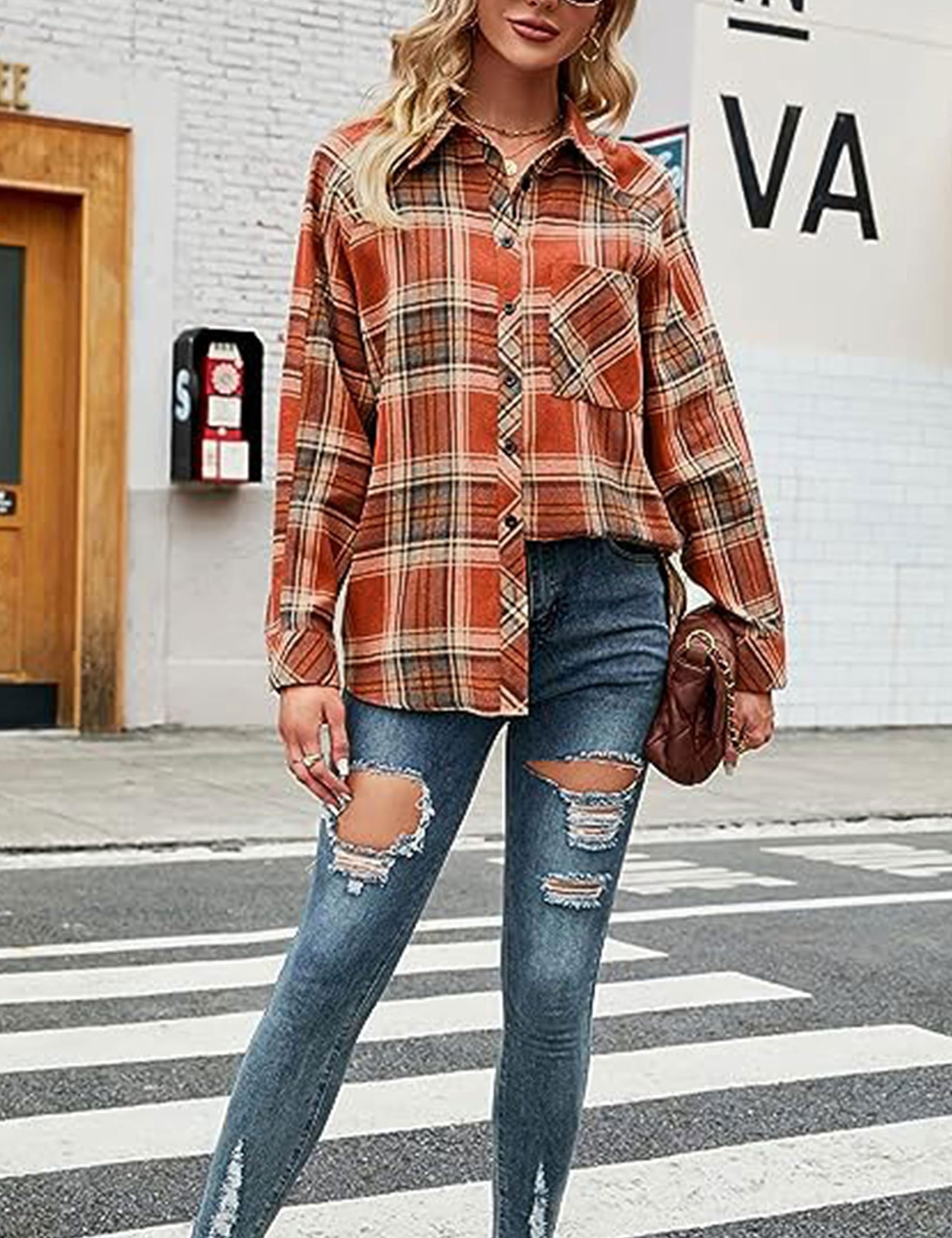 Zontroldy Womens Lightweight Flannel Shirt Plaid Buffalo Long Sleeve Button Down Oversized Flannels Shirts Blouse Tops (0199-Orange-M)