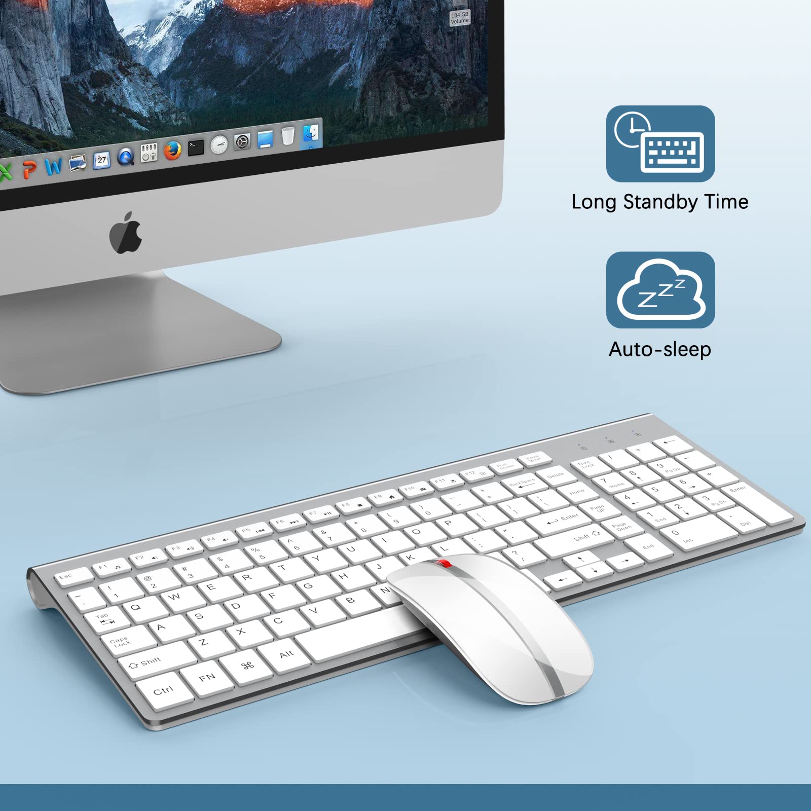 Wireless Keyboard and Mouse Combo, Gamcatz 2.4G Ultra Thin Compact Keyboard and Silent Type-C Rechargeable Mouse for Mac iMac MacBook Air PC Laptop Tablet Computer Windows-Silver White