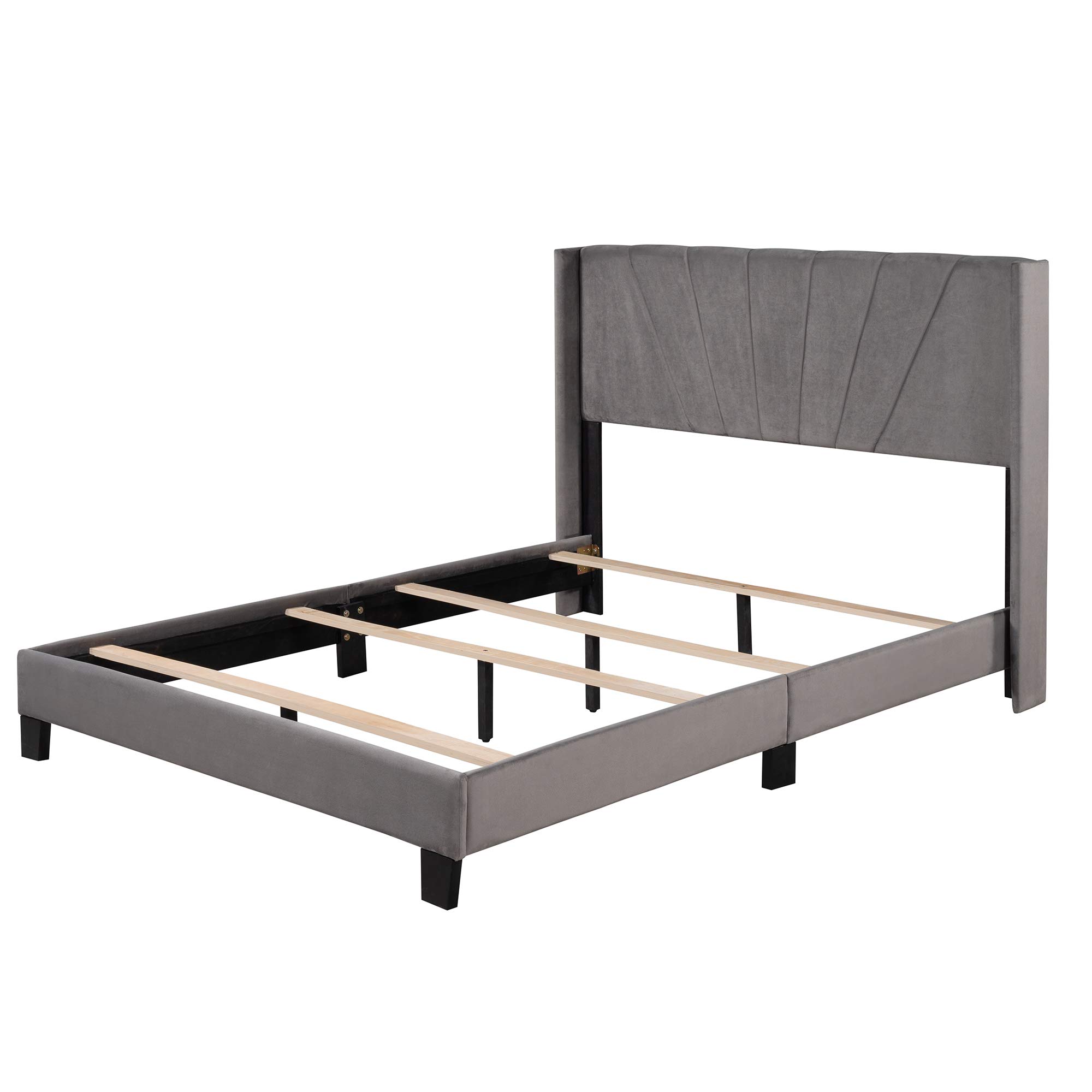 YuiHome Queen Size Platform Bed Frame with Velvet Upholstered Headboard and Wooden Slats Support, Queen Size Bed and Headboard/No Box Spring Needed/Easy Assembly,Gray