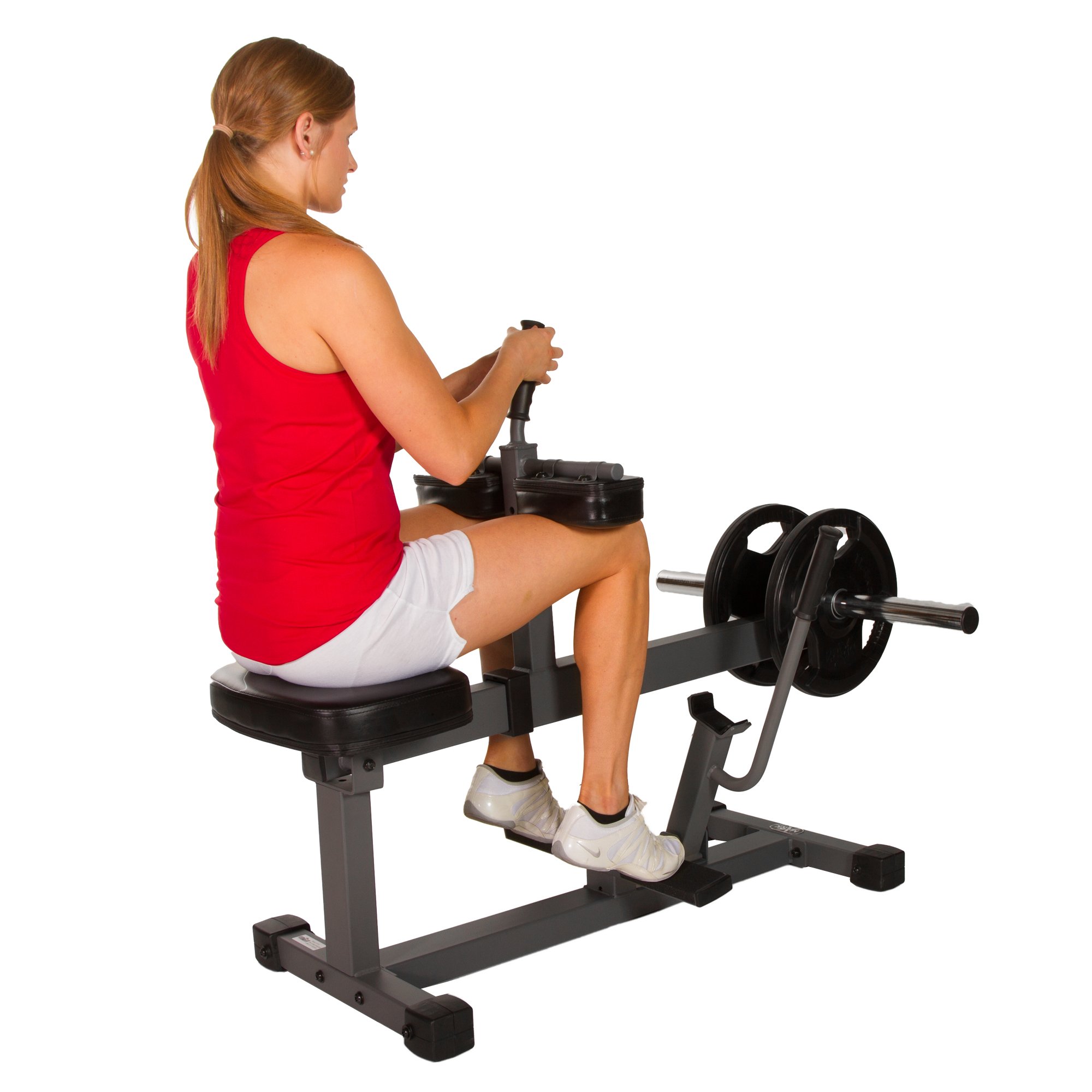 XMark Seated Calf Raise, Weight Plate Loaded, Dual Olympic Weight Posts, Height Adjustable Swiveling Thigh Pad, Lower Body Specialty Machine, Leg Day Machine