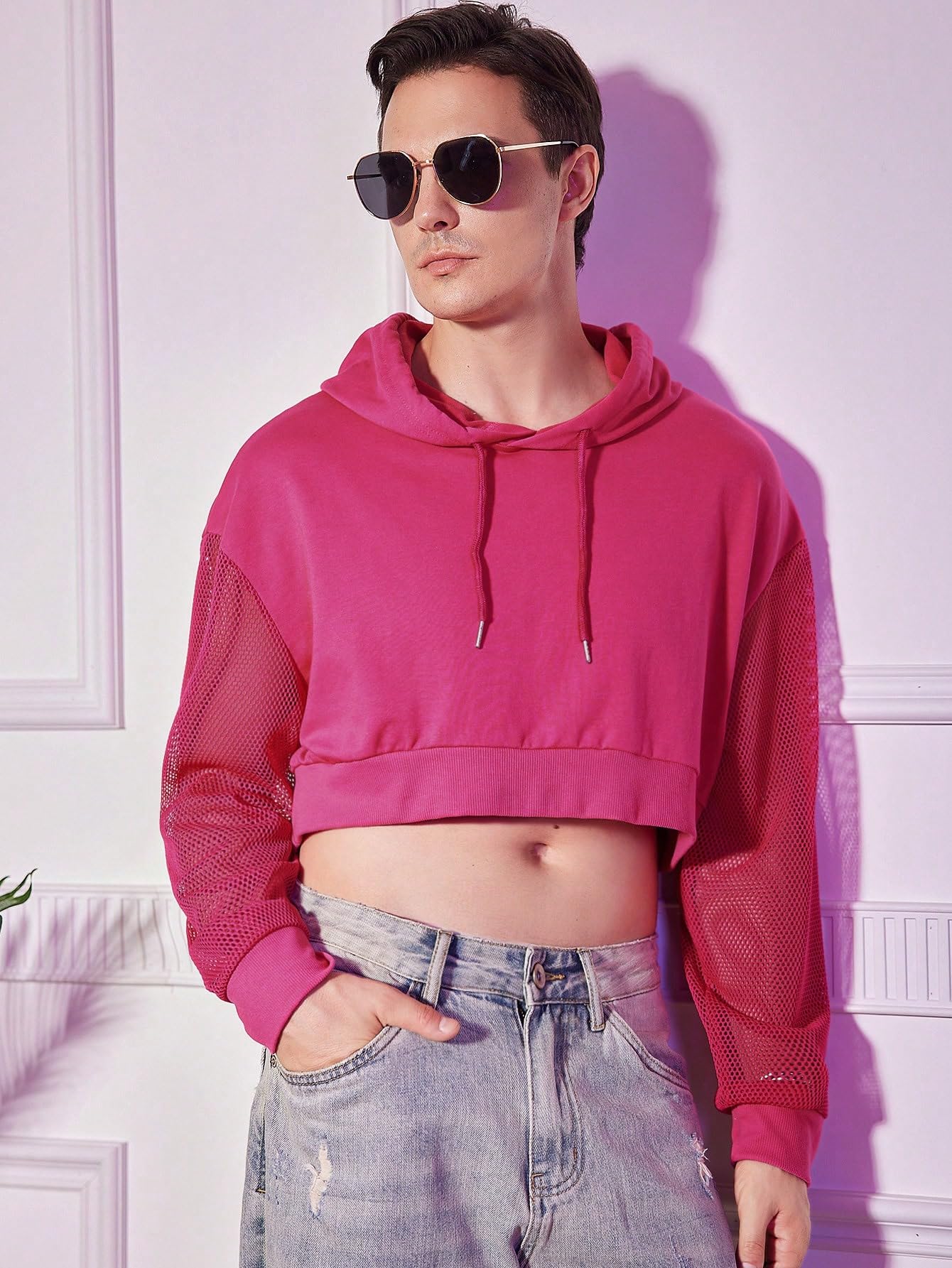 WDIRARA Men's Drawstring Mesh Long Sleeve Hoodie Sweatshirt Pullover Crop Top Hot Pink S