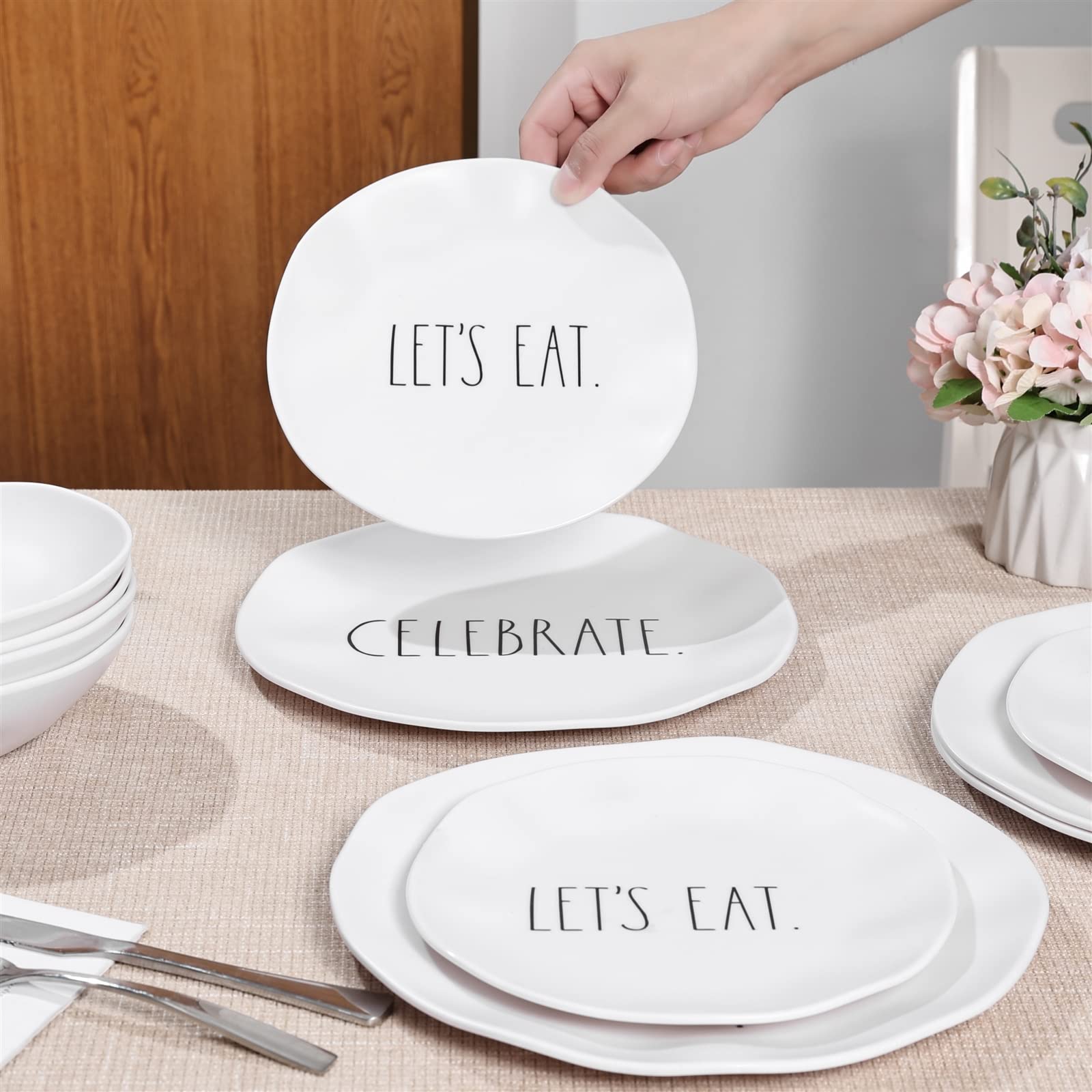 Yummost Melamine Dinnerware Sets, Plates and Bowls Set for 4, Perfect for Indoor and Outdoor Dining Party, Dishwasher Safe, LET'S EAT Word Print