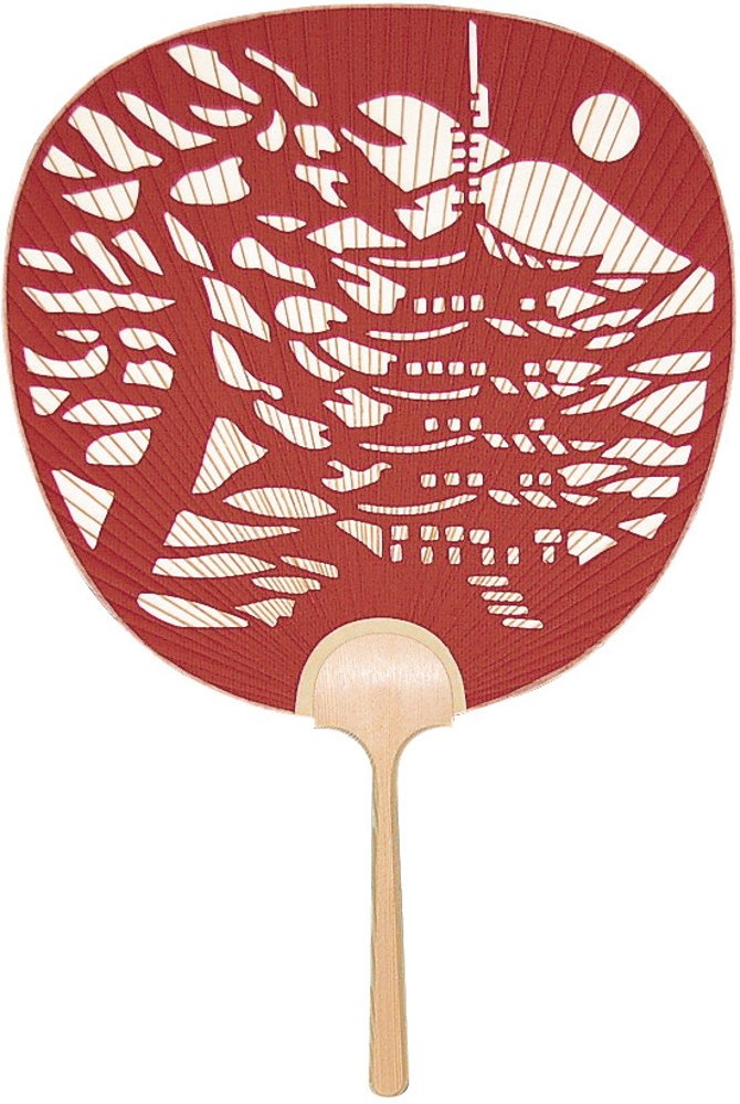 塩見団扇 Shiomi Fan 1192 Yasaka (Single-Sided Openwork), 11.0 x 16.5 inches (28 x 42 cm), Red
