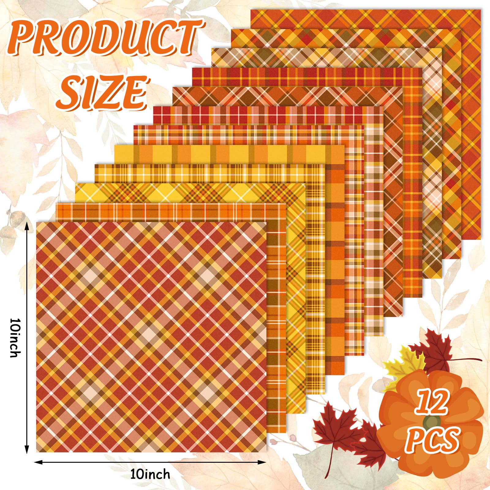 Whaline 12Pcs Fall Cotton Fabric Bundles 10 x 10 Inch Autumn Buffalo Plaid Fat Quarters Plaid Quilting Patchwork Squares Sewing Fabrics for Harvest Thanksgiving DIY Handmade Craft Home Party Decor