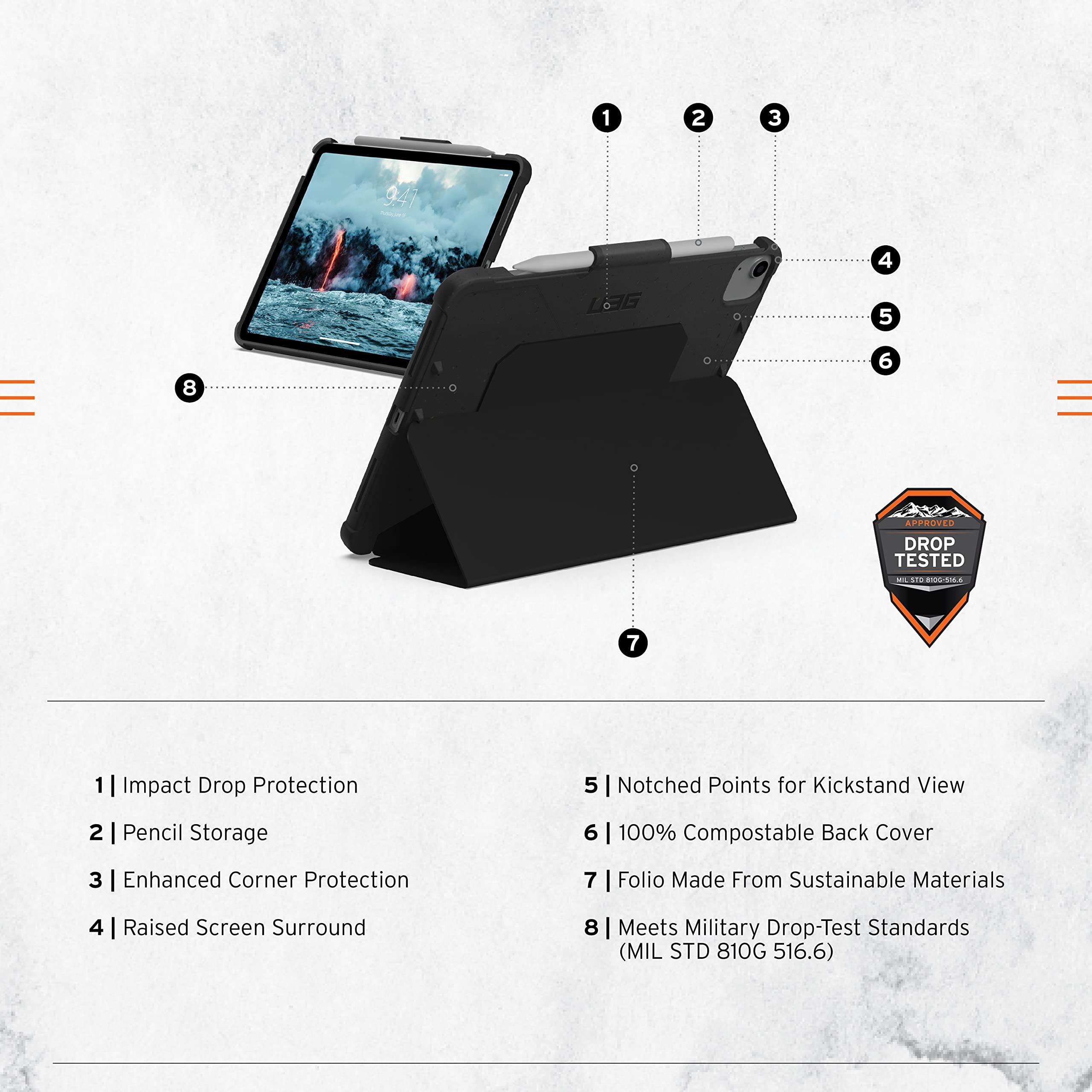 URBAN ARMOR GEAR UAG Designed for iPad 10.2 inch 9th Generation 2021 & iPad 8th Generation 2020 Case Green Olive Rugged Multi Angle Stand Folio Pencil Holder Biodegradable Outback Protective Cover