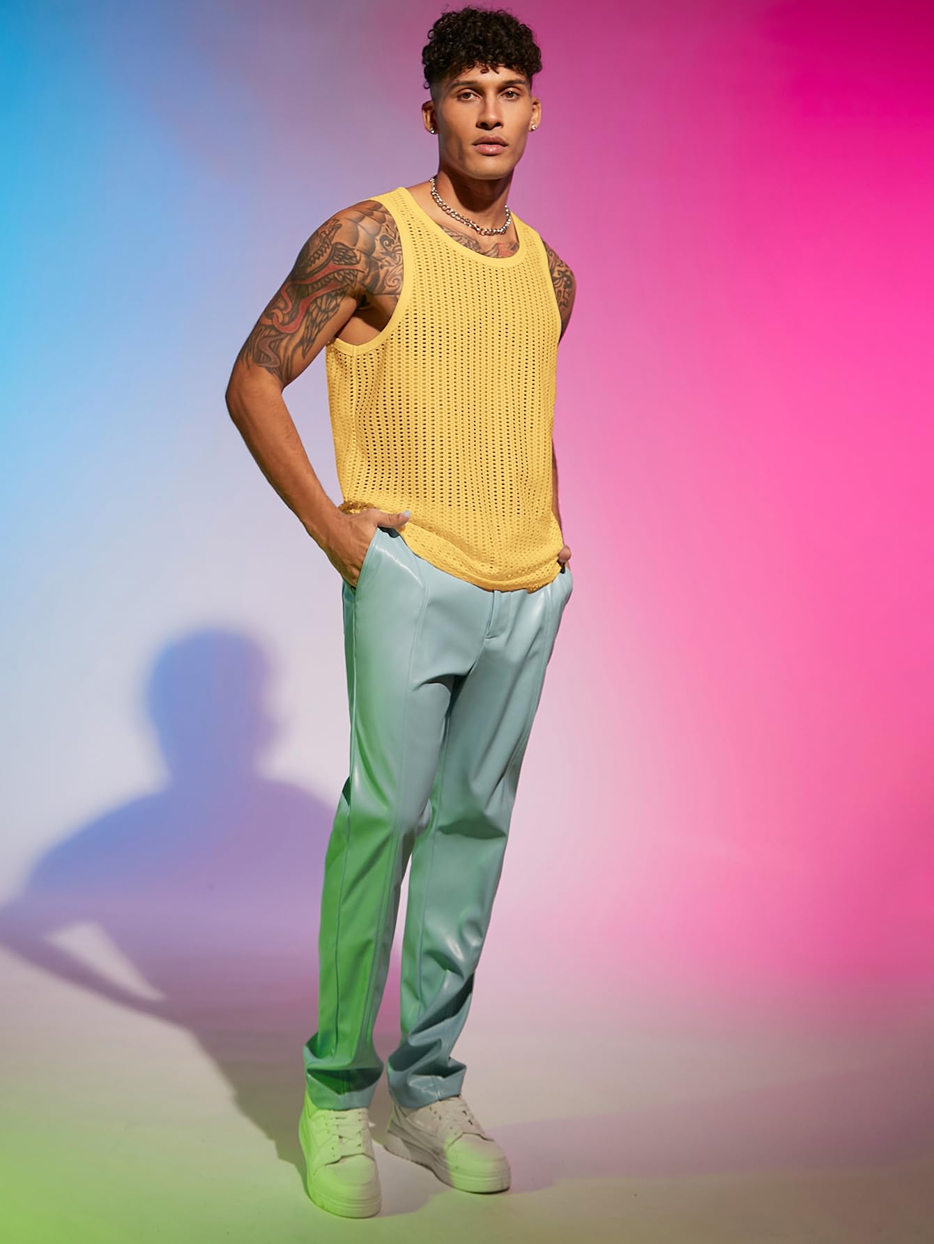WDIRARA Men's Sequin Sleeveless Round Neck Tank Top T Shirt Party Top Solid Yellow M