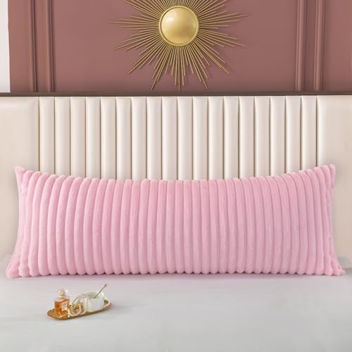 Yunyiio Faux Fur Body Pillowcase, Deluxe Plush Embellished Striped Pillowcase, Zipper Closed Pillowcase, Body Pillowcase 21x54 inch ((Pink) Vertical bar)