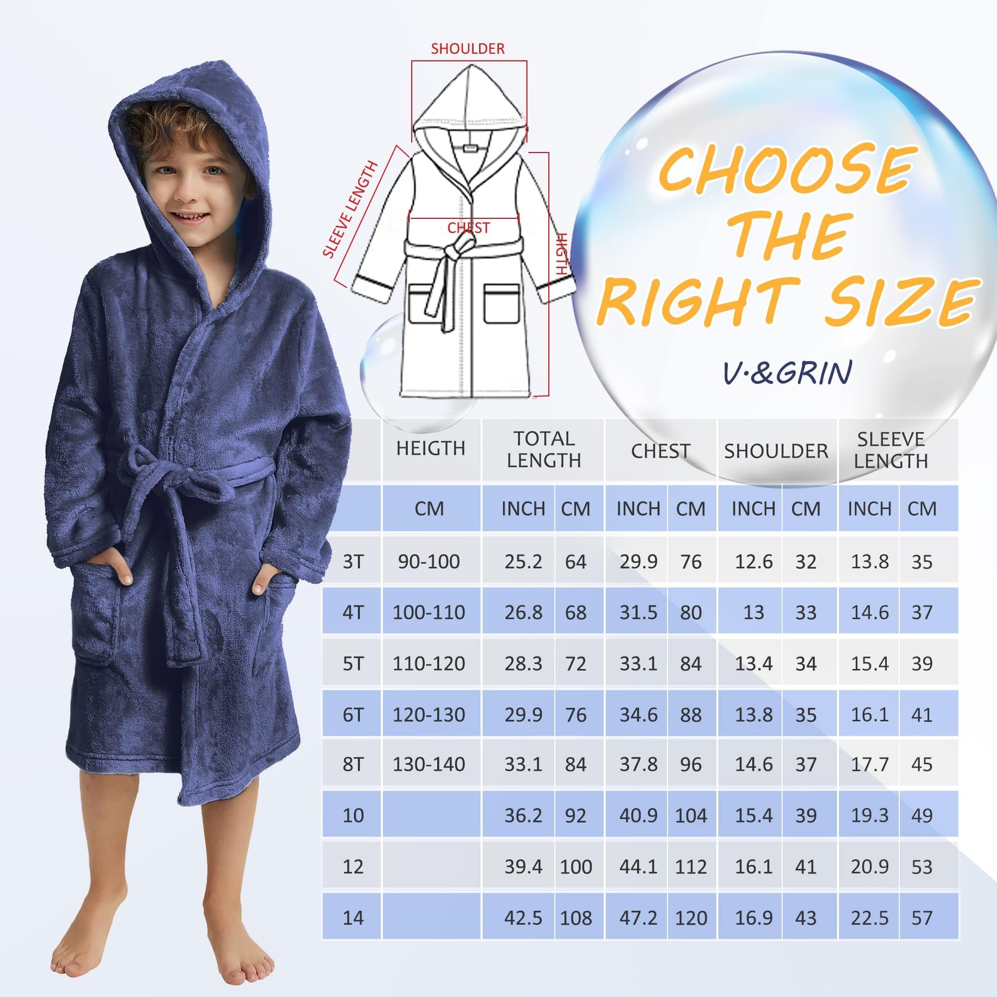 V.&GRIN Boys Fleece Robe, Hooded Toddler Soft Fuzzy Bathrobe for Kids 3-14 Years(Gray 9-10)