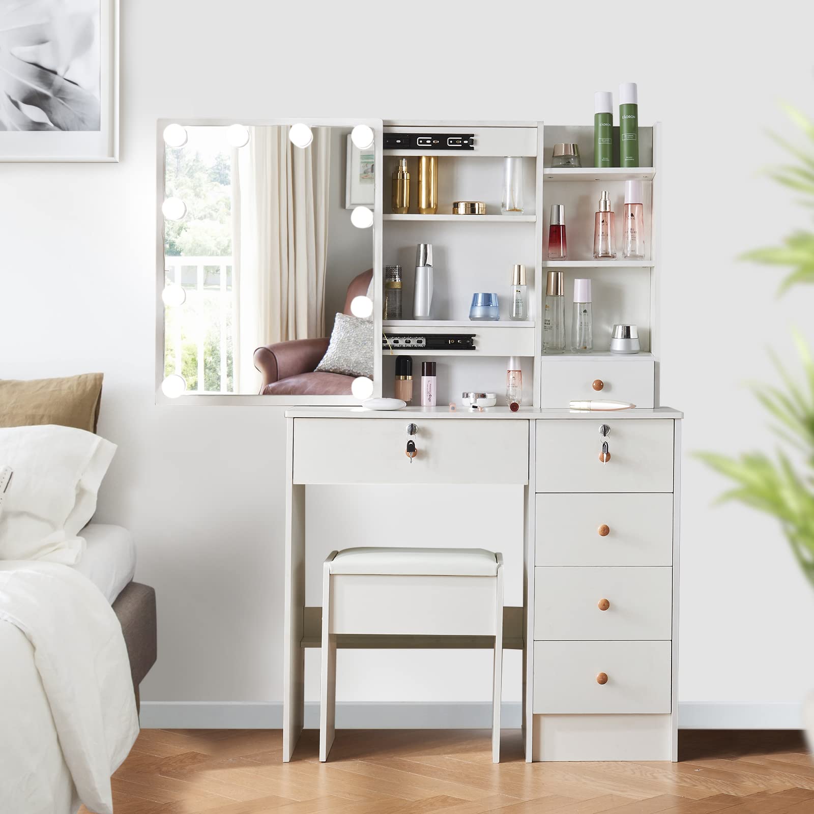 YAMISSI Premium Vanity Makeup Desk Set Girls Dressing Table with Sliding Mirror, 6 Storage Drawers and 6 Shelves, 3 Color Light Settings, Makeup Vanity Set for Bedroom. White