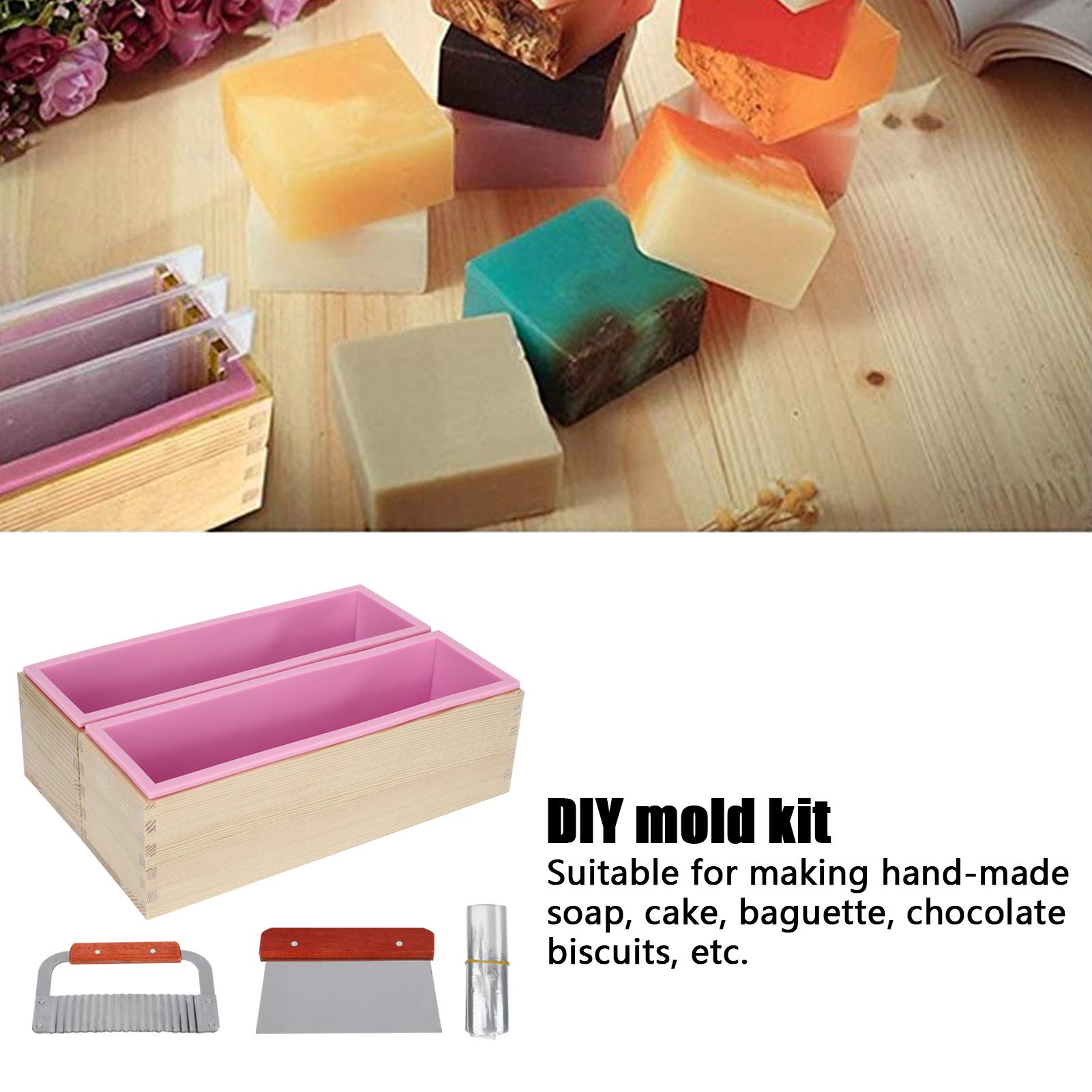 VTOSEN Soap Cutter Set, Silicone DIY Soap Making Kit, Hand-Made Mold Making Kit, Adjustable Cutting Mold Kit, with Stainless Steel Wavy & Straight Cutter(Pink)