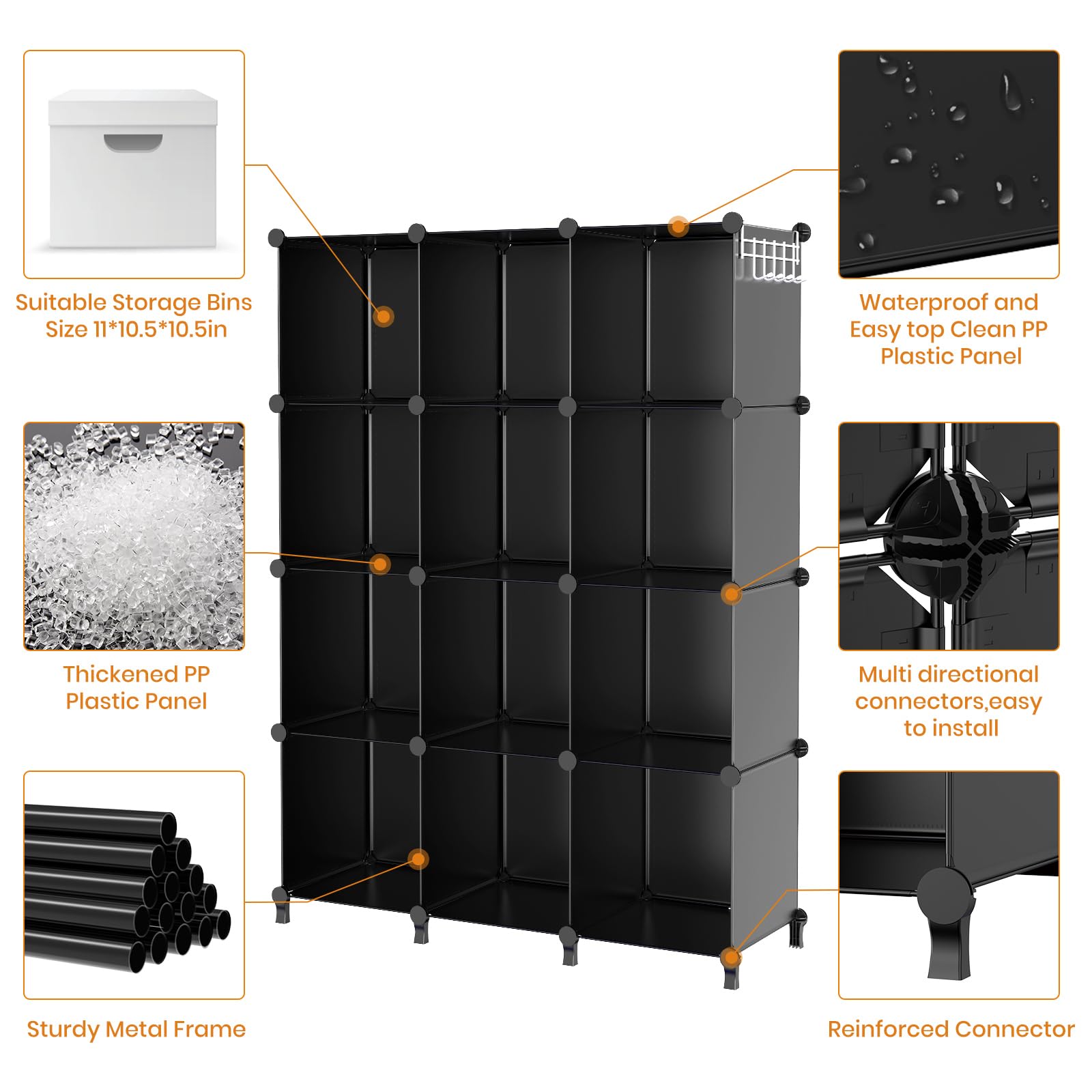 VTRIN Cube Storage Organizer, Large Capacity 12 Cube Storage Shelf Bookshelf DIY Stackable Plastic Cubby Shelving Cube Organizers for Closet, Bedroom, Living Room, Home Office, Black