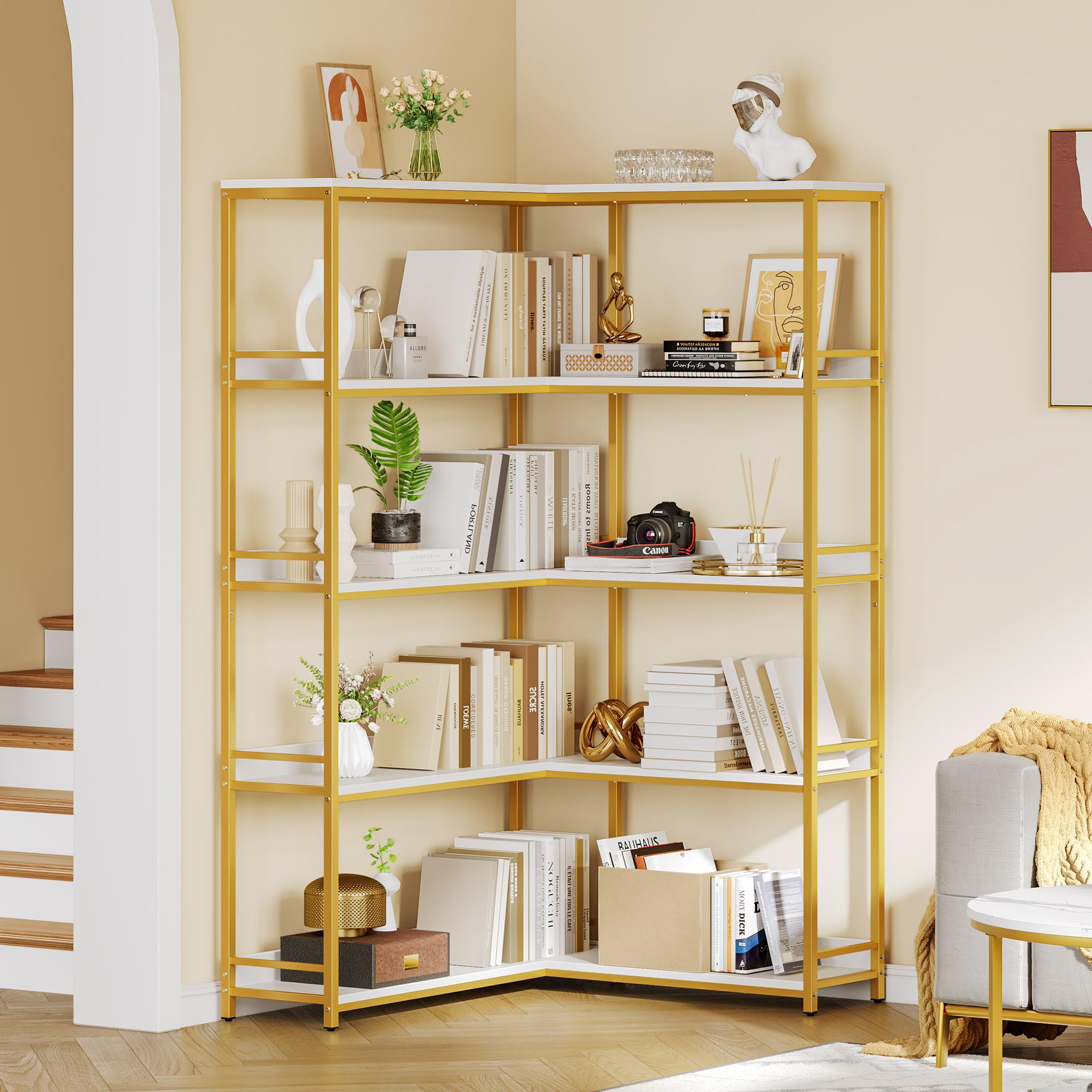 YITAHOME 5 Shelf Bookcase Large Gold Bookshelf, 5 Tier Open Corner Bookshelf, 71" Tall Modern Display Rack Storage Shelves for Living Room, Bedroom, Home Office, Kitchen, White & Gold