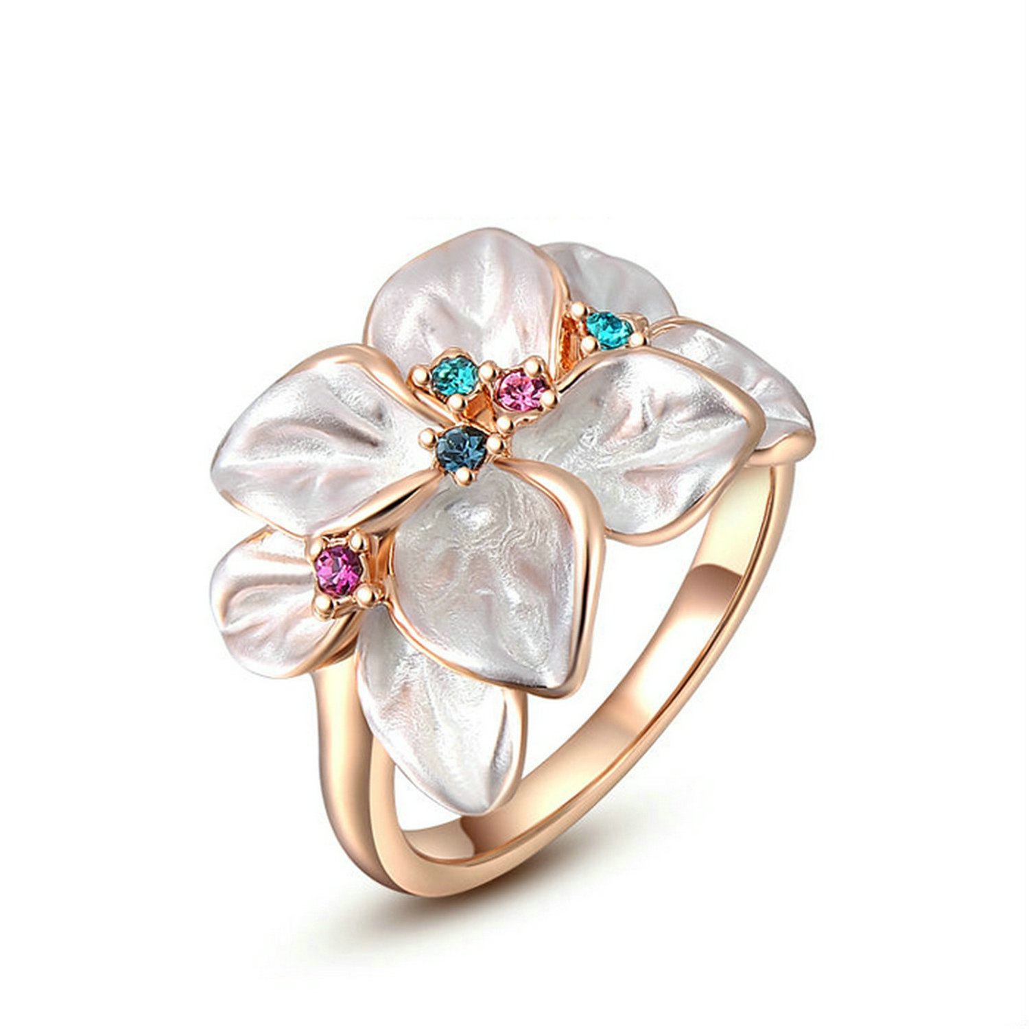 Yoursfs Statement Rings For women White enamel Flower Crystal Cocktail Ring Size 8 Gift