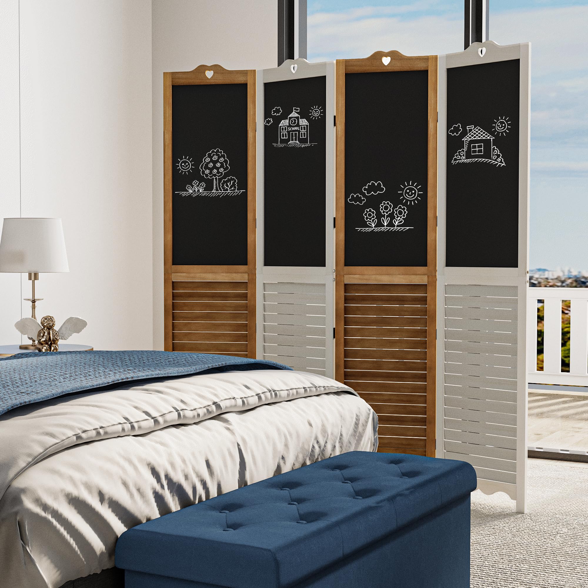 YITAHOME 5.6FT Wood Room Divider 4 Panel Folding Privacy Screens with Chalkboard, Standalone Portable Wall Divider Room Partition for Bedroom, Study, Hotel, Office