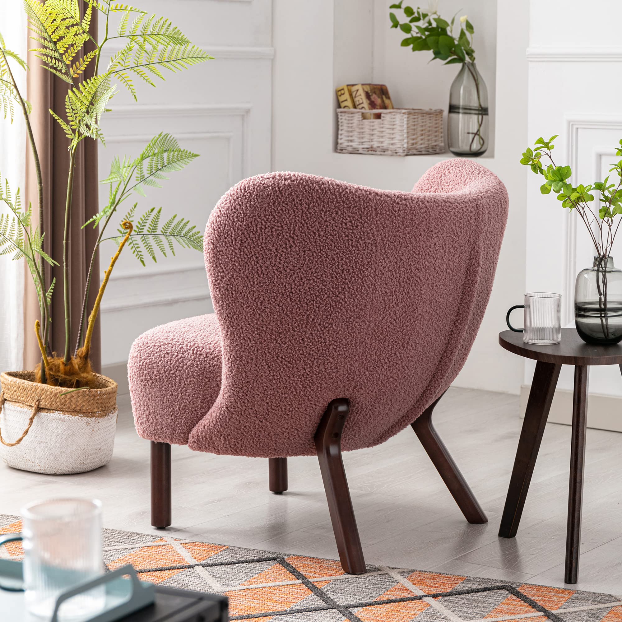 ViolaDresses Modern Accent Chair Lambskin Sherpa Wingback Tufted Side Chair with Solid Wood Legs for Living Room Bedroom,Blush