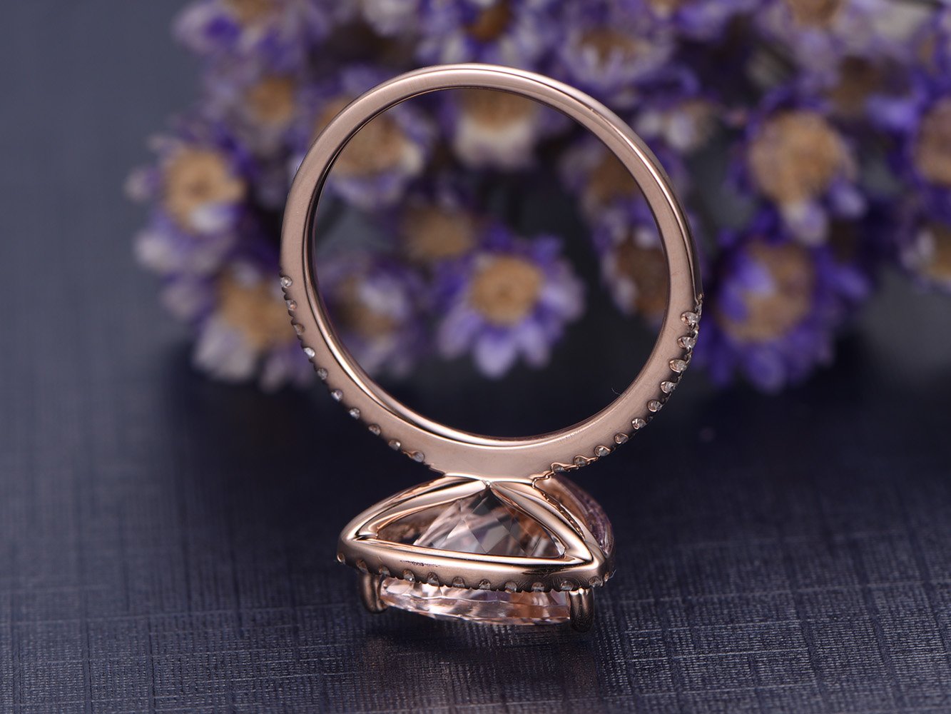 Triangle Morganite Engagement Ring Set,10mm Trillion Stone Halo Diamond 14k Rose Gold Rings Stacking Band