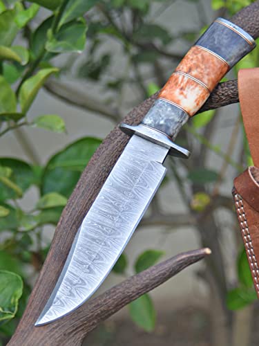 UK UNIQUE SHARP KNIVES BK-3002 Handmade Damascus Steel 12.50 Inches Hunting Knife - Exotic Coloured Bone Handle