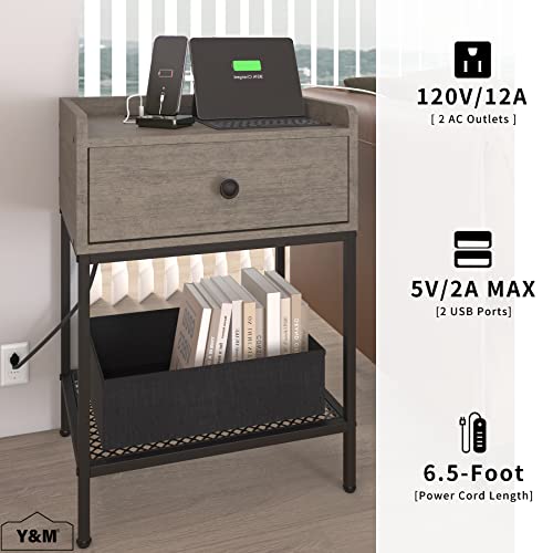 Y&M Nightstand with Charging Station and USB Ports, Side End Table with Drawer, Modern Bedside Tables Night Stand Storage Shelf for Small Spaces, Bedroom, Living Room - Gray and Black