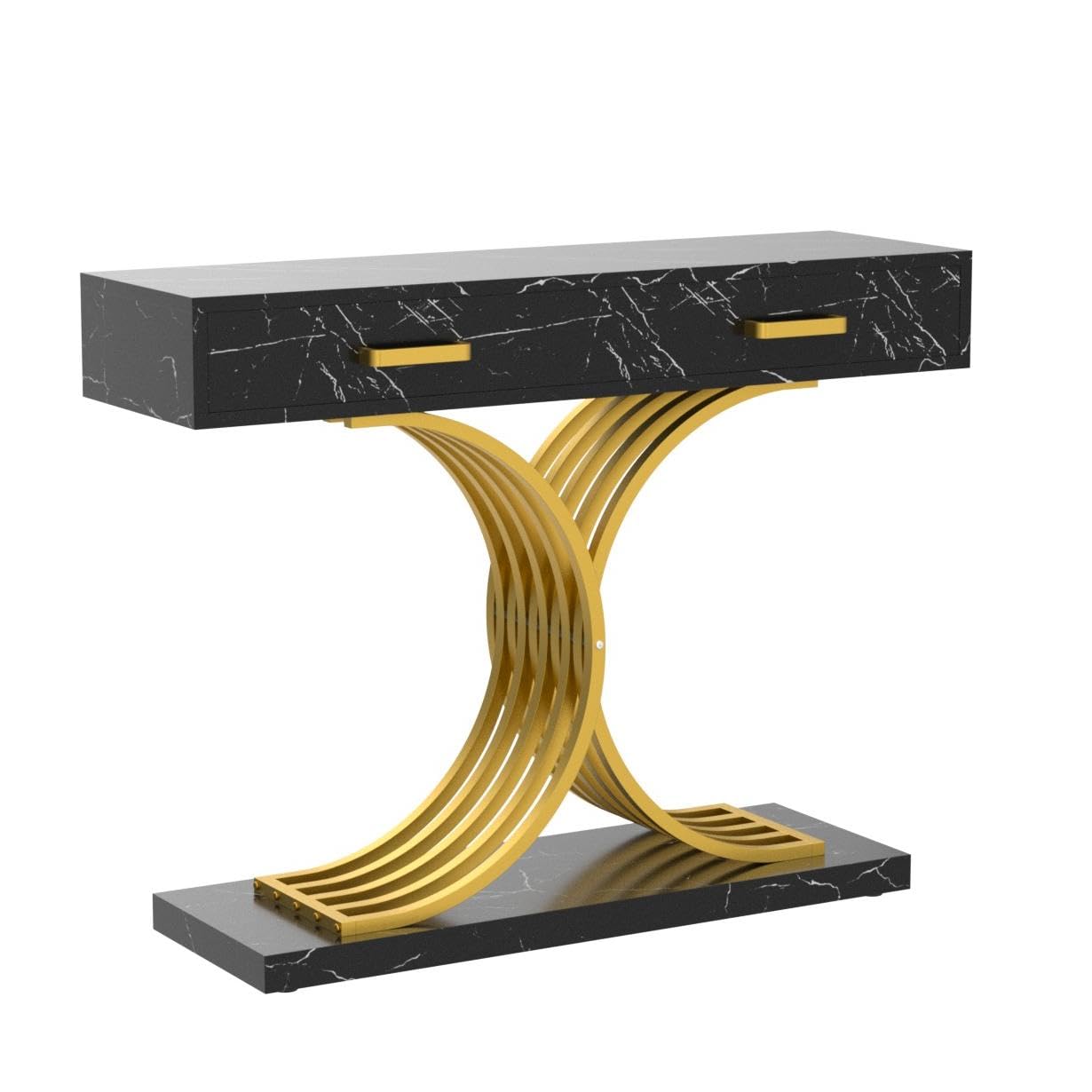 Vagaconl Black Gold Console Table with Drawers, Modern 39 Inches Small Entryway Table with Storage, Faux Marble Tabletop Hallway Table with Geometric Gold Legs