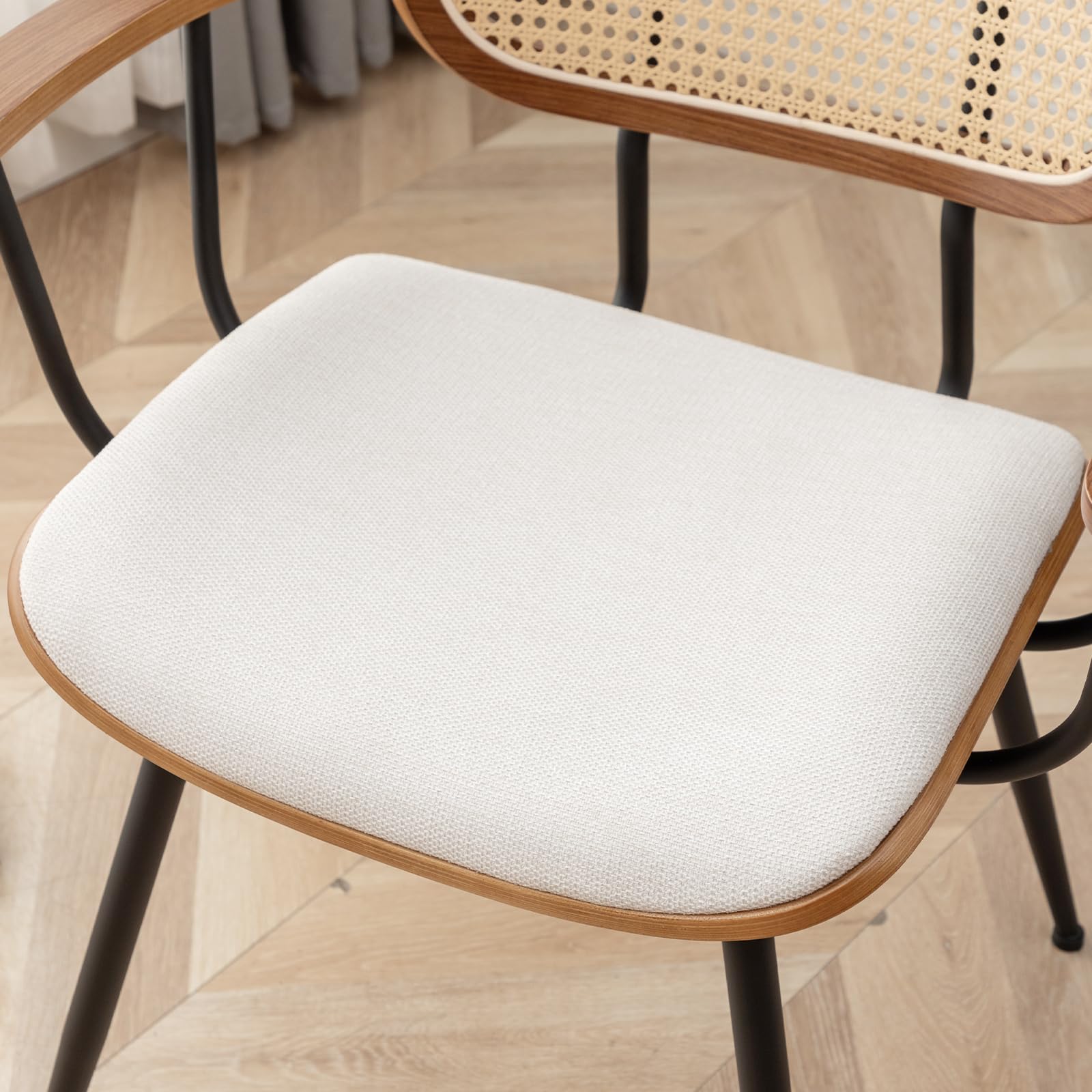 YOUUGIOR Rattan Dining Room Chairs Set of 2,Mid Century Modern Kitchen Side Chairs, Metal Legs Desk Chairs,Linen Fabric Accent Chairs with Arms and Rattan Backrest,Beige