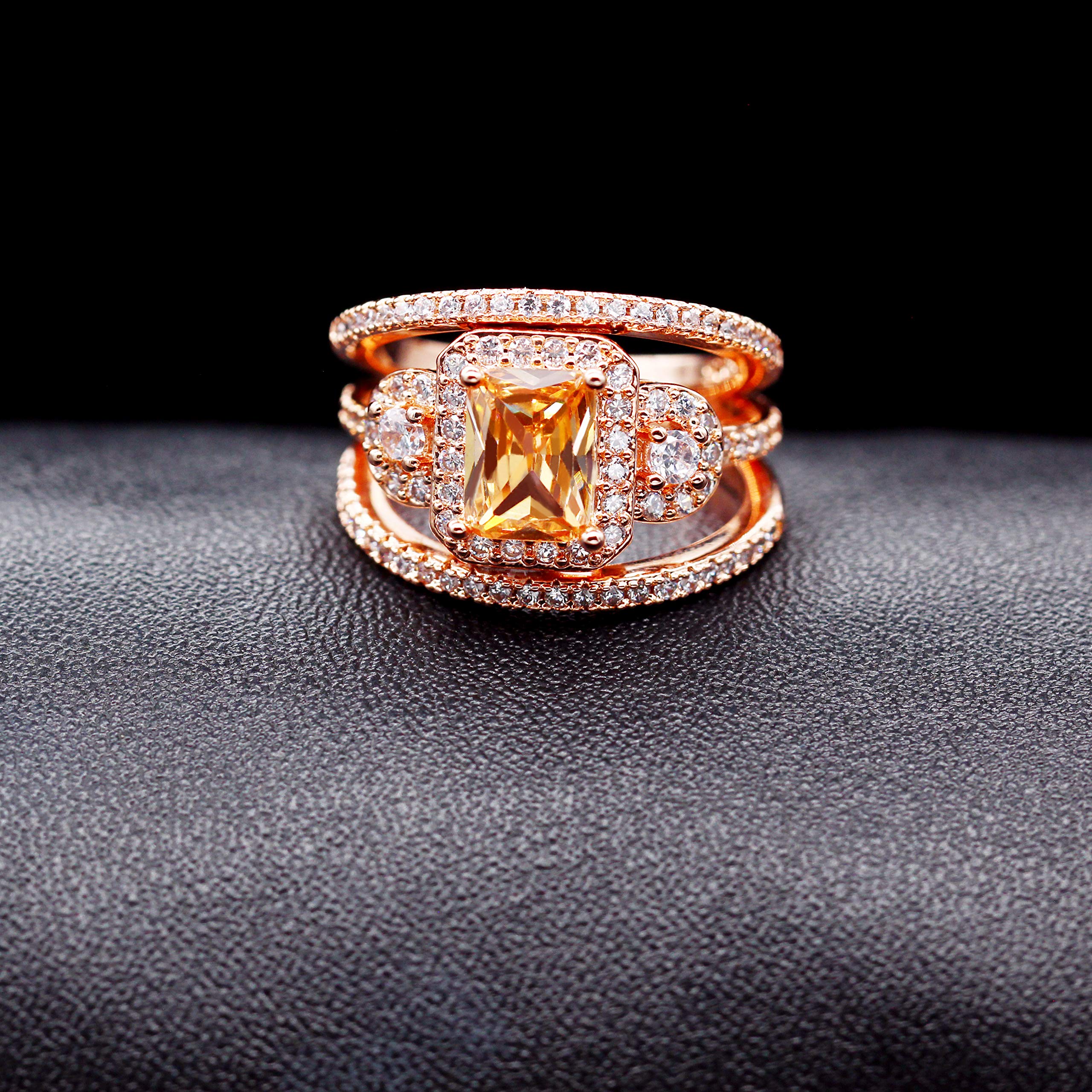 Uloveido 3pcs Stackable Bridal Rings Set Rose Gold Plated, 3-Stone Emerald Cut Champagne Yellow CZ Solitaire Accent Engagement Wedding Bands for Women (Size 8) Y434