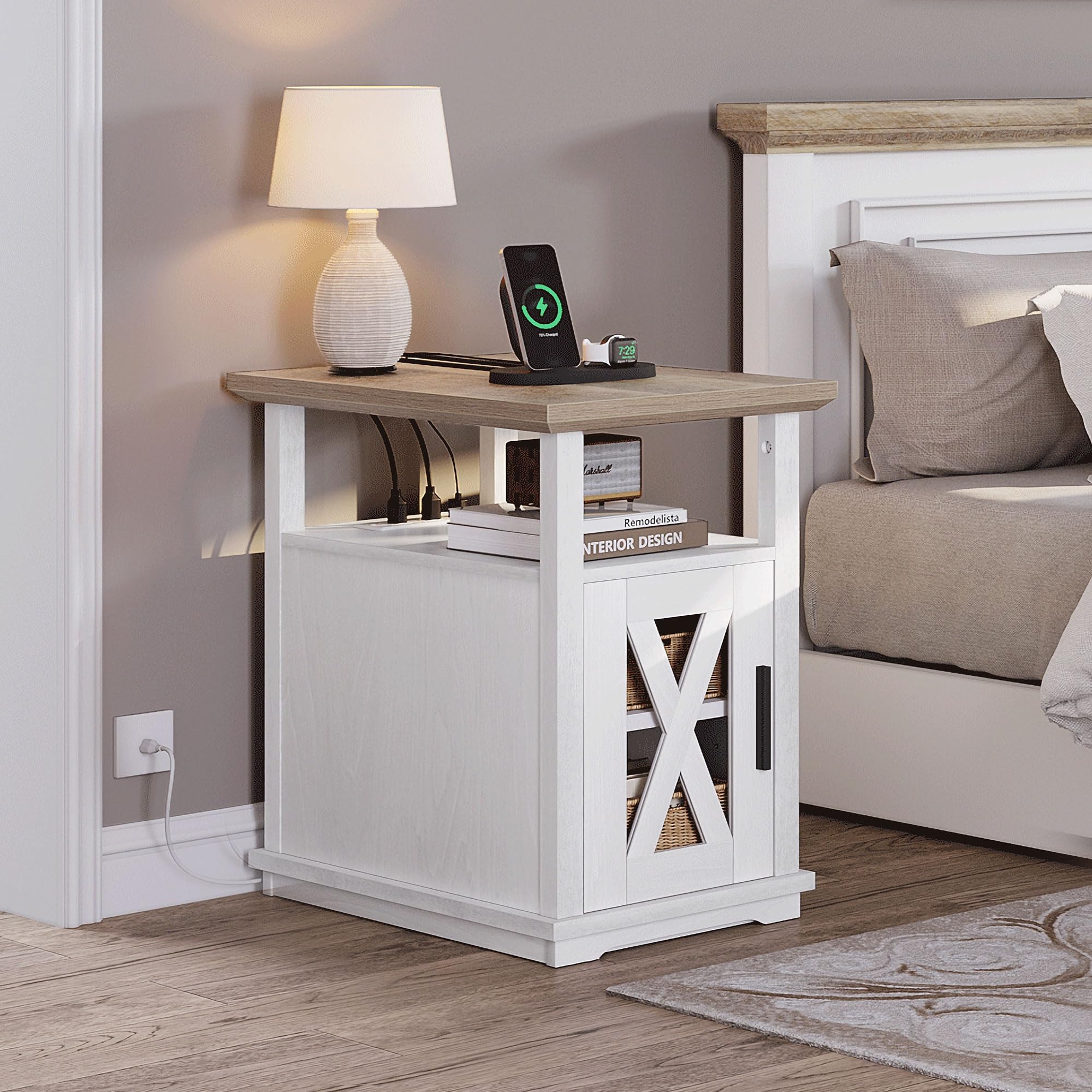 YITAHOME End Table with Charging Station, Narrow Side Table with Storage Adjustable Shelf, Farmhouse Nightstand with Door, End Tables Living Room Set of 2, Grey Wash
