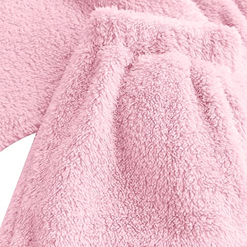 ZAFUL Women's Fuzzy Lounge Casual Pajamas Sets Long Sleeve Fleece Pullover and Pants Set 2 Piece Fluffy Loungewear Sleepwear Pink