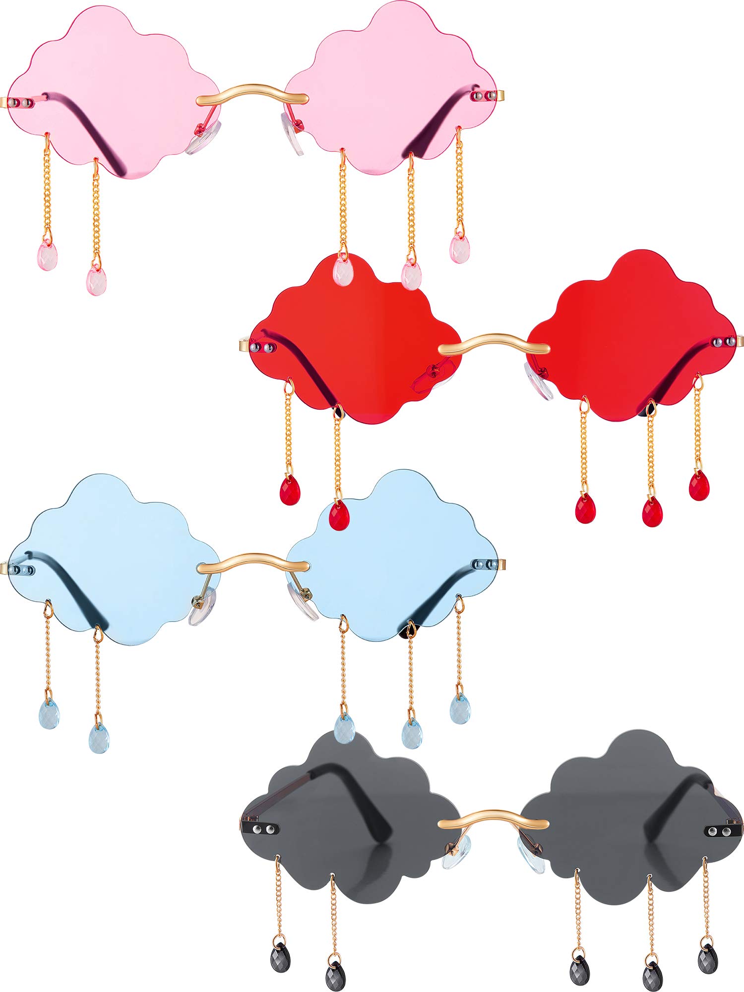 Weewooday 4 Pairs Cloud Sunglasses Raindrop Colorful Rimless Cute Sunglasses Funny Heart Flame Shaped Disco Glasses for Women Men