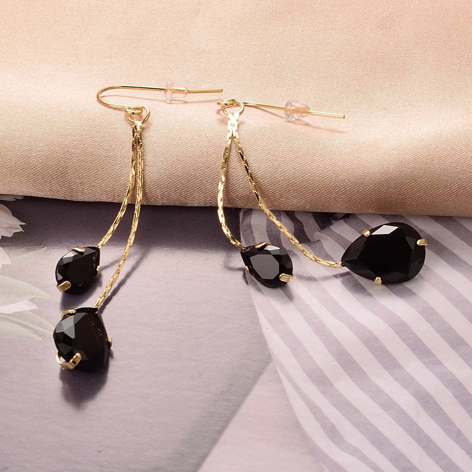 Vissen Black Cubic Zirconia Drop Dangle Chain Earrings for Women Dainty Gold Plated CZ Long Dangling Earrings