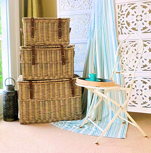 WHW Whole House Worlds Cape Cod Wicker Storage Trunks, Set of 3 Sizes, Faux Leather Straps and Handles, Hinged Tops
