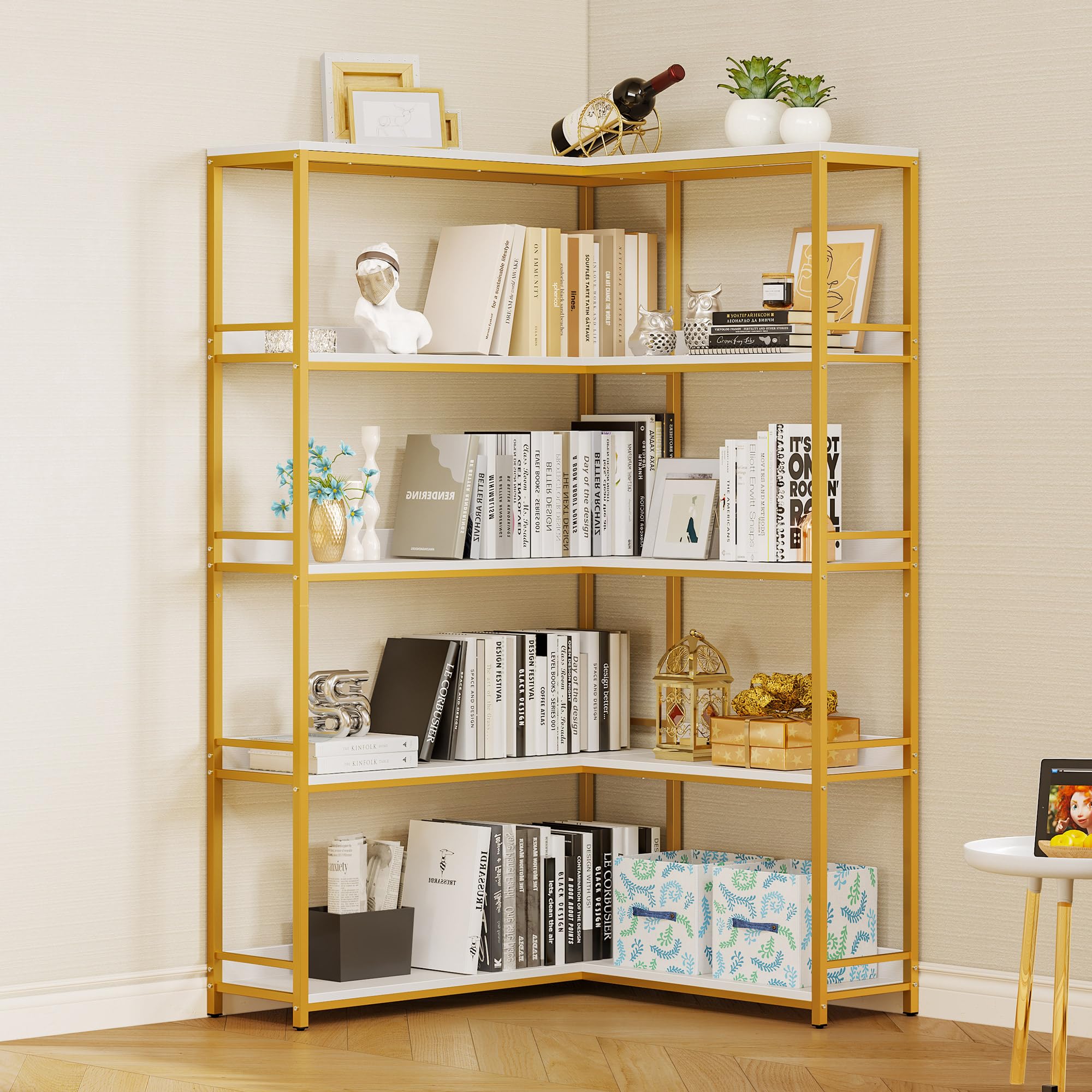 YITAHOME 5 Shelf Bookcase Large Gold Bookshelf, 5 Tier Open Corner Bookshelf, 71" Tall Modern Display Rack Storage Shelves for Living Room, Bedroom, Home Office, Kitchen, White & Gold