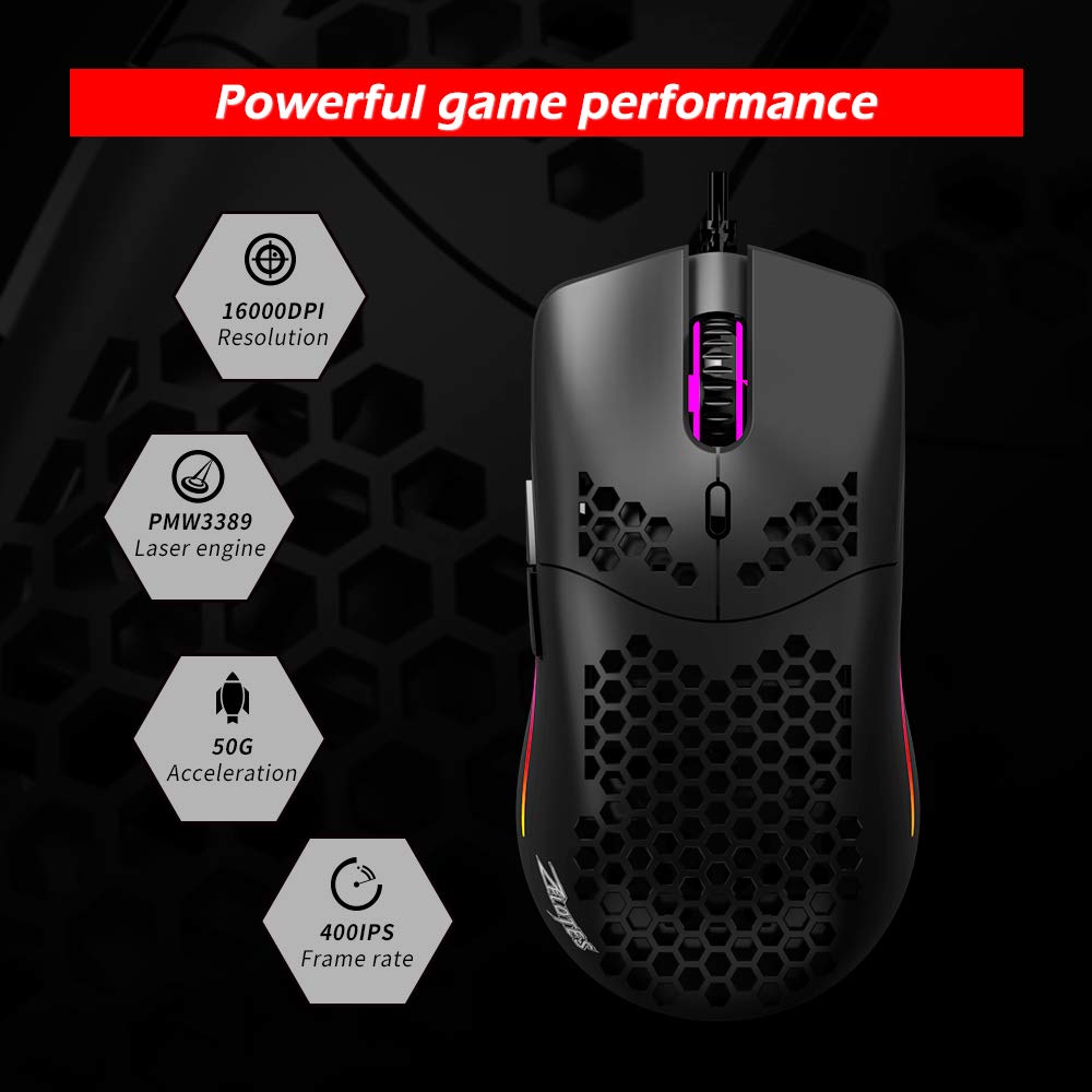 ZLOT Honeycomb Shell Gaming Mouse,65g Lightweight,3389 Gaming Sensor, Max-16000 DPI,50G Acceleration,400 IPS,2020 Edition Programmable and On-Board Memory Laser Gaming Mouse,Black