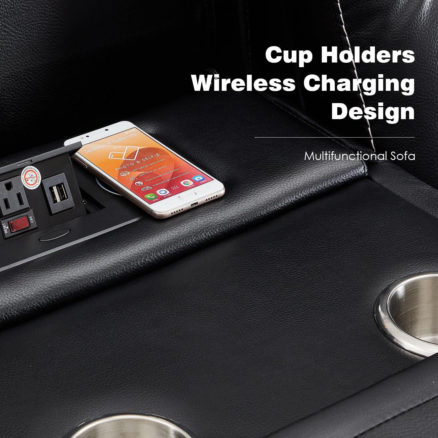 Weilianda Home Theater Seating Leather Moive Sofa Recliner Chair Type-C USB Charge and Wireless Charging Arm Storage with Tray Table - Black