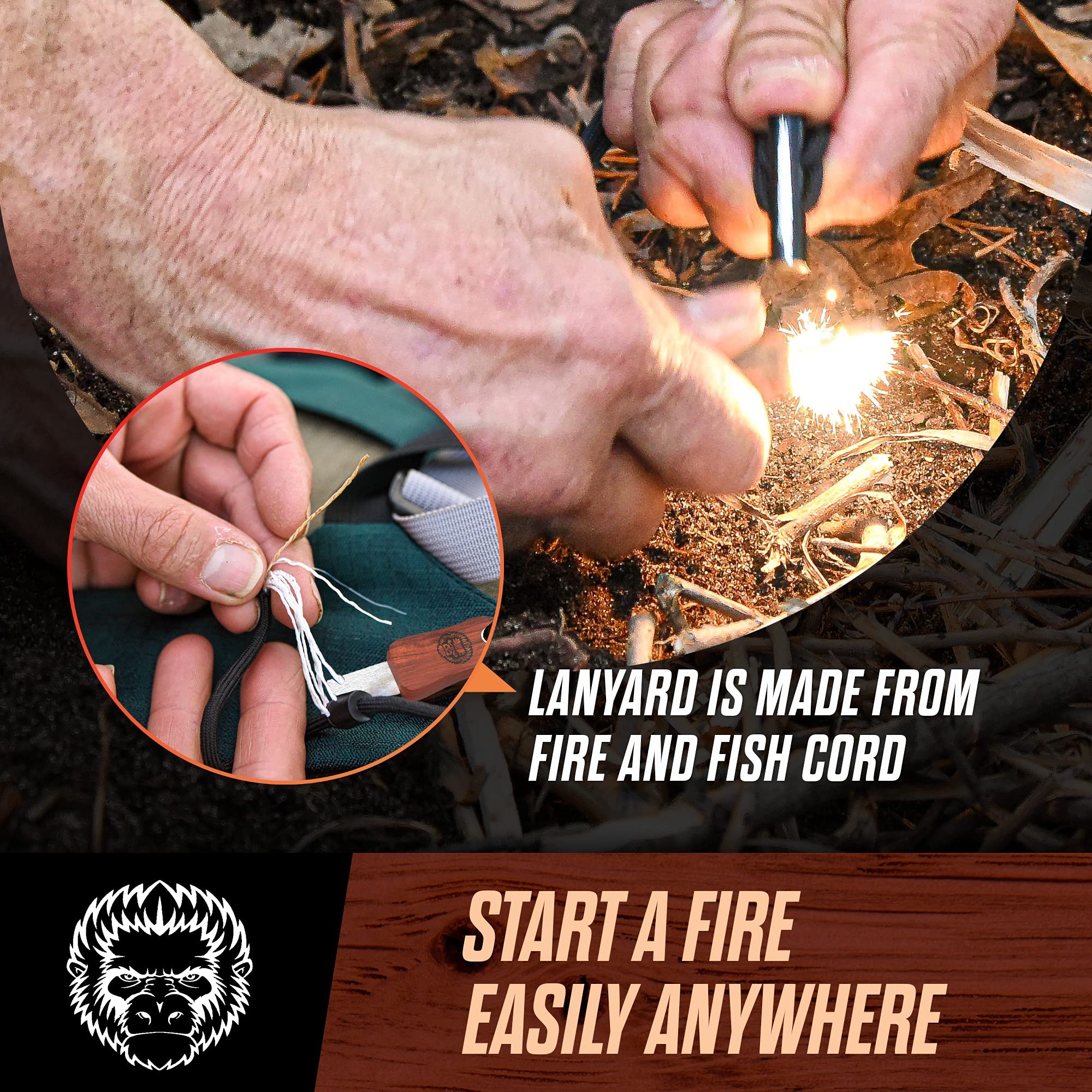 Wood Handle Fire Starter Ferro Rod Gift Set W/Finger Grip Survival Bushcraft Gear (Dark Brown)