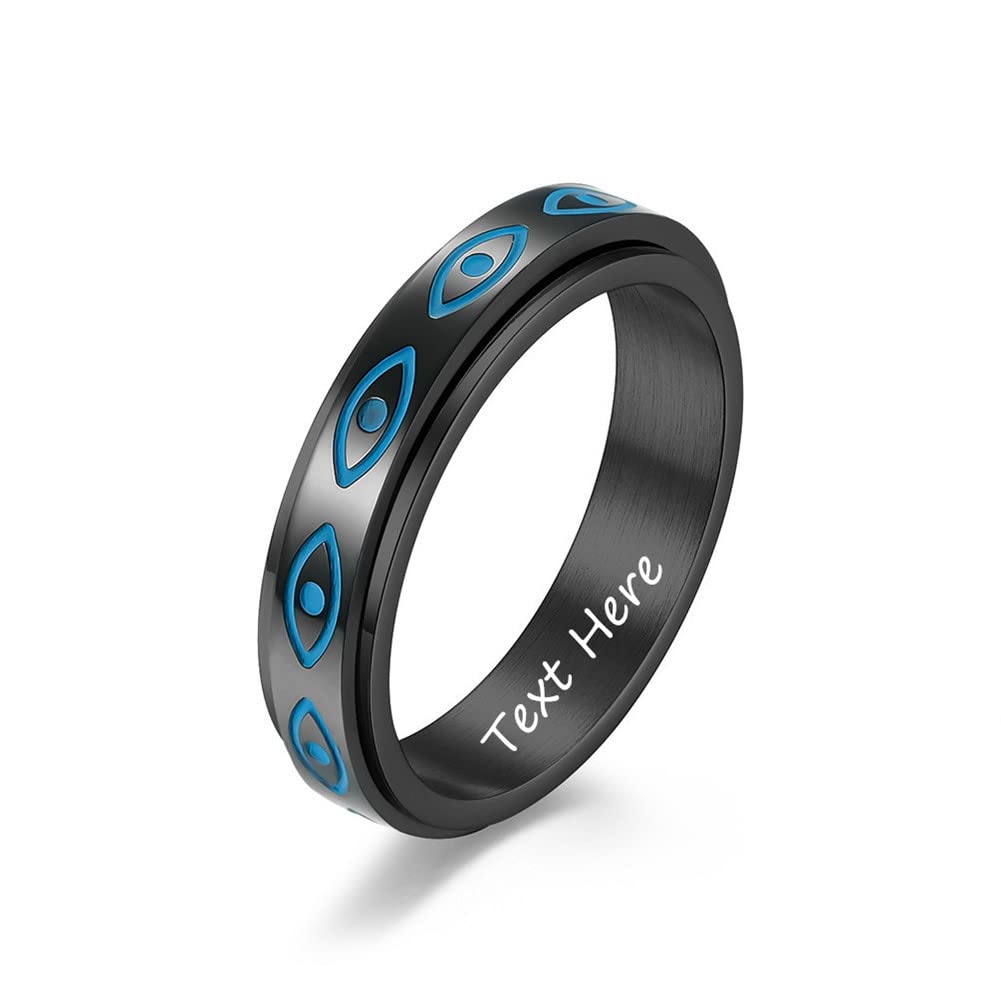 ZKXXJ Personalized Evil Eye Ring for Him Her,Custom Name Engraved Spinner Fidget Band Stainless Steel Anxiety Worry Relieving Rings Boredom ADHD Autism Finger Band for Men Women,Size 5-11