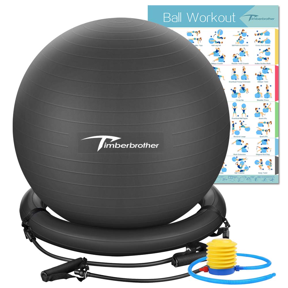 Timberbrother Exercise Ball Chair with Resistance Bands Workout Poster 16.5”x 22.4”,Stability Ball Base for Gym and Home Exercise(Blue with Ring & Bands)