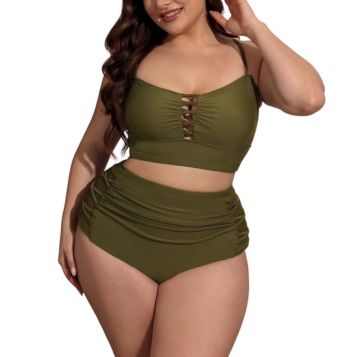 Yomoko Women's Plus Size High Waist Bandage Bikini Sets Chic Swimsuit Retro Bathing Suit L ArmyGreen