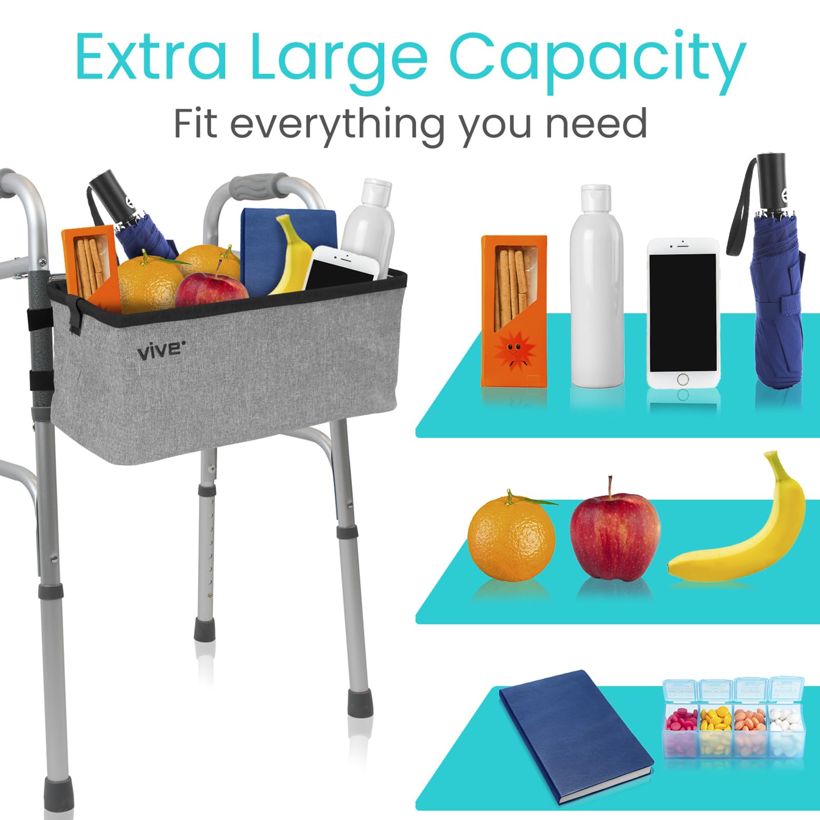 Vive Walker Basket Accessories Bag - Tray for Folding Walker with Water Cup Holder & Pockets - Universal Large Capacity Storage Container for Seniors, Elderly - Storage Mobility Aid Pouch (Gray)