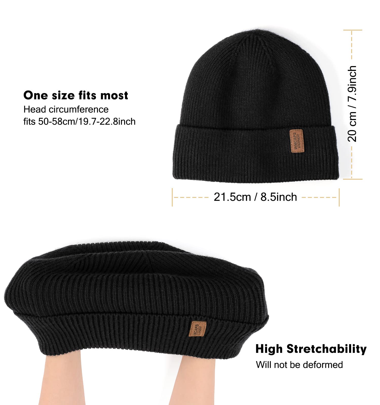 Winter Beanie Hats for Men Women, Fleece Lined Beanie Soft Warm Knit Hat Ski Stocking Cuffed Cap (Black)