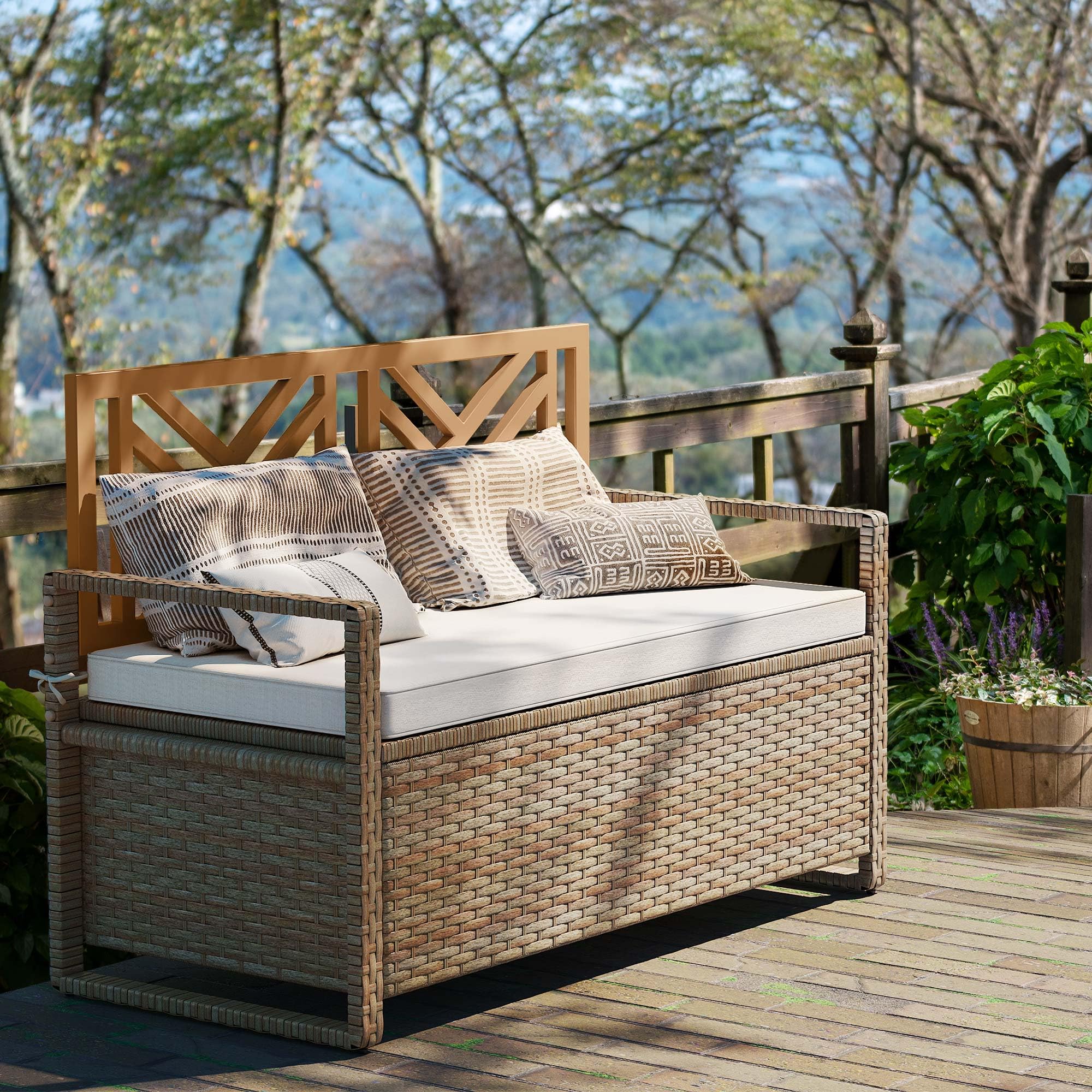 YITAHOME 70 Gallon Outdoor Storage Bench, All-Weather PE Rattan Deck Box Bench, Storage Seating Box for Outdoor Cushions, Pool Storage and Garden Tools - Teak