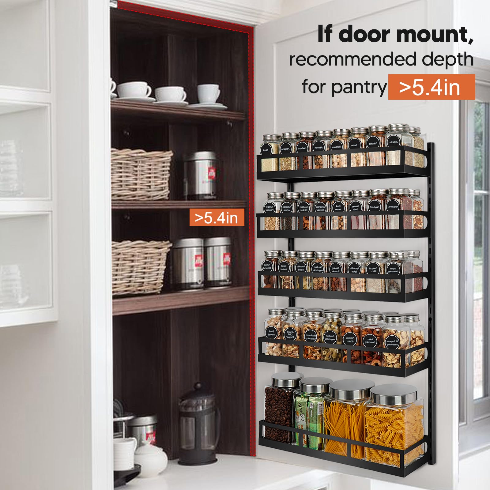 X-cosrack Wall Mount Spice Rack Organizer 5 Tier Height-Adjustable Hanging Spice Shelf Storage for Kitchen Pantry Cabinet Door, Dual-Use Seasoning Holder Rack with Hooks, Grey