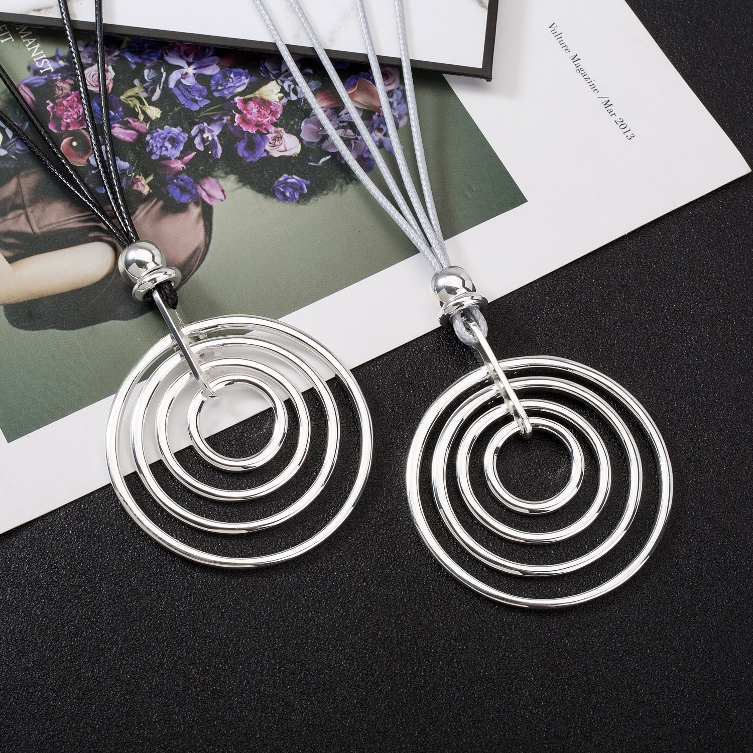 welbijoux Necklaces for Women Long Statement Silver Pendant Necklace with Leather Rope