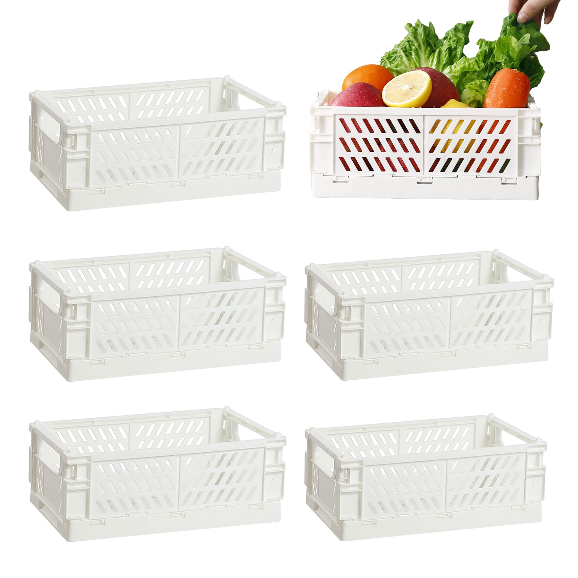 Ykpoqir 6-Pack Plastic Collapsible Storage Crate Desk Organizers Office Organization, Folding Small Baskets for Organizing Bathroom, 9.8" x 6.5" x 3.8",Hollow White