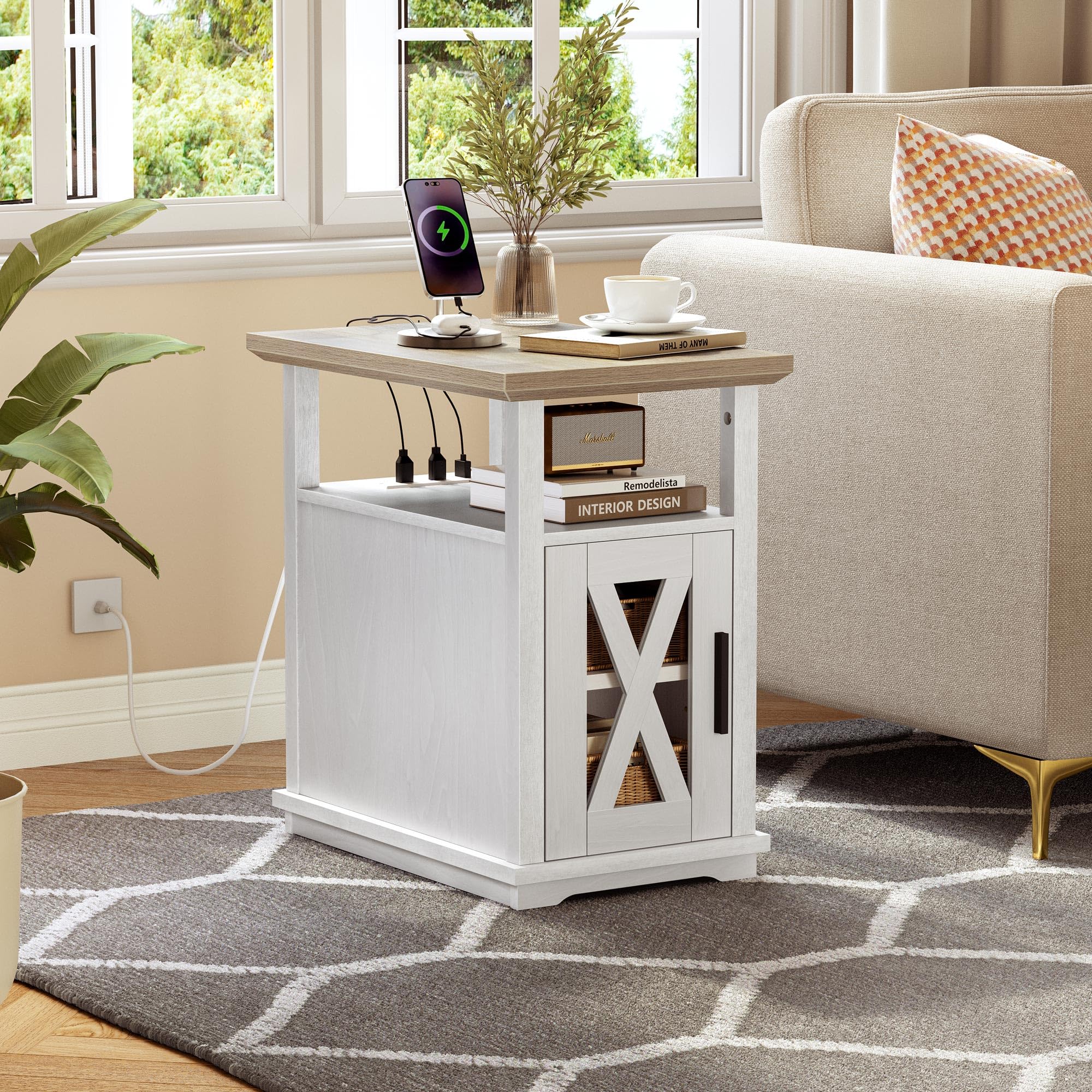 YITAHOME End Table with Charging Station, Narrow Side Table with Storage Adjustable Shelf, Farmhouse Nightstand with Door, End Tables Living Room Set of 2, Grey Wash