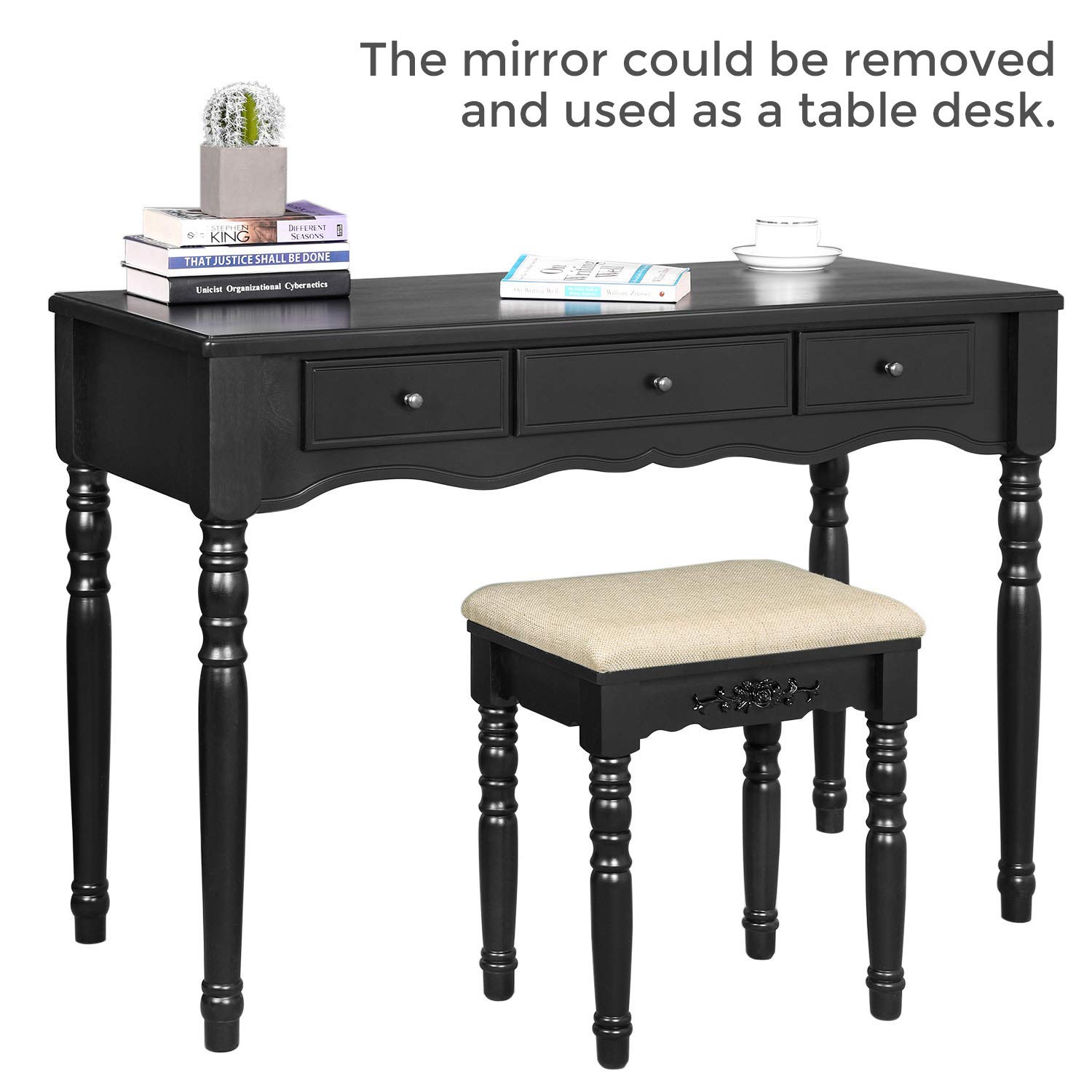 VASAGLE Vanity Makeup Set with 7 Drawers, 2 Brush Slots and 4 Open Compartments, Dressing Table with Tri-Fold Necklace Hooked Mirror, Solid Wood Legs, Cushioned Stool, Black URDT06BK