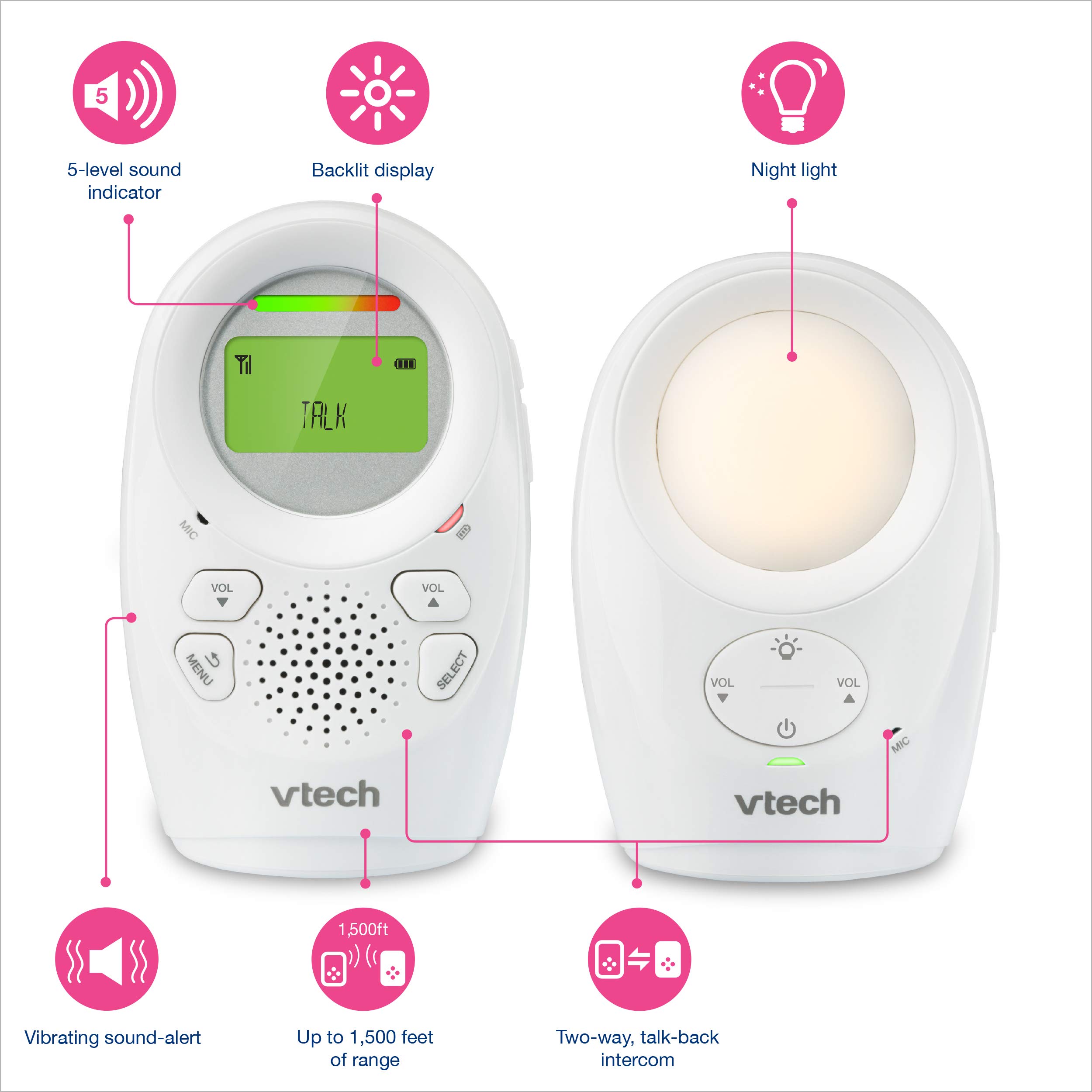 VTech DM1211 Enhanced Range Digital Audio Baby Monitor with Night Light, 1 Parent Unit, Silver & White (Renewed)